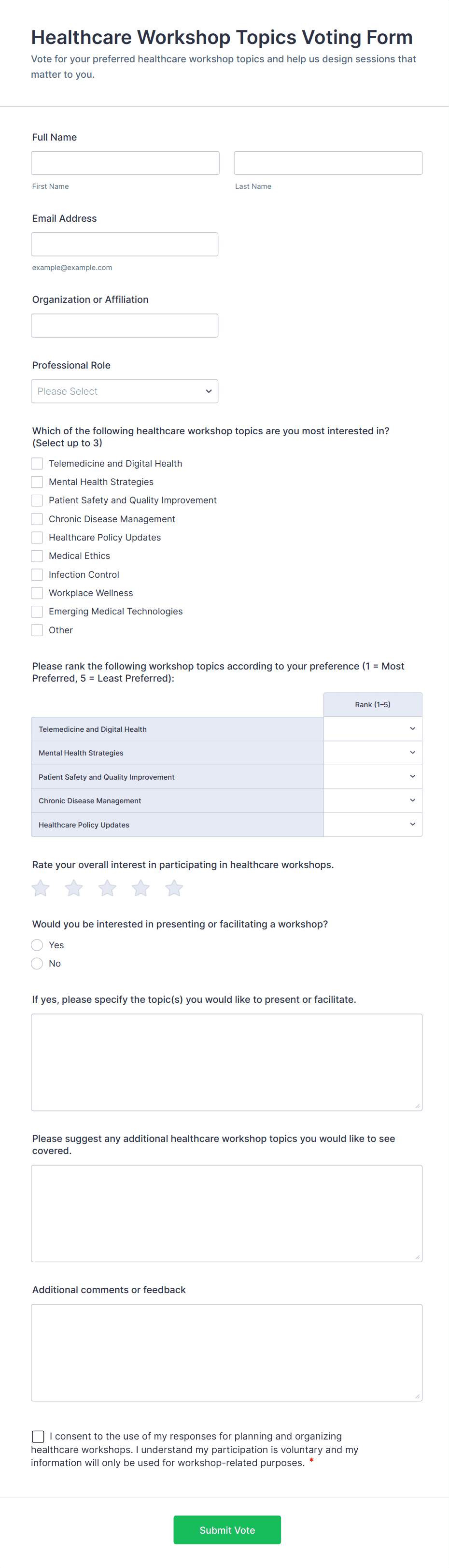 Healthcare Workshop Topics Voting Form Template | Jotform