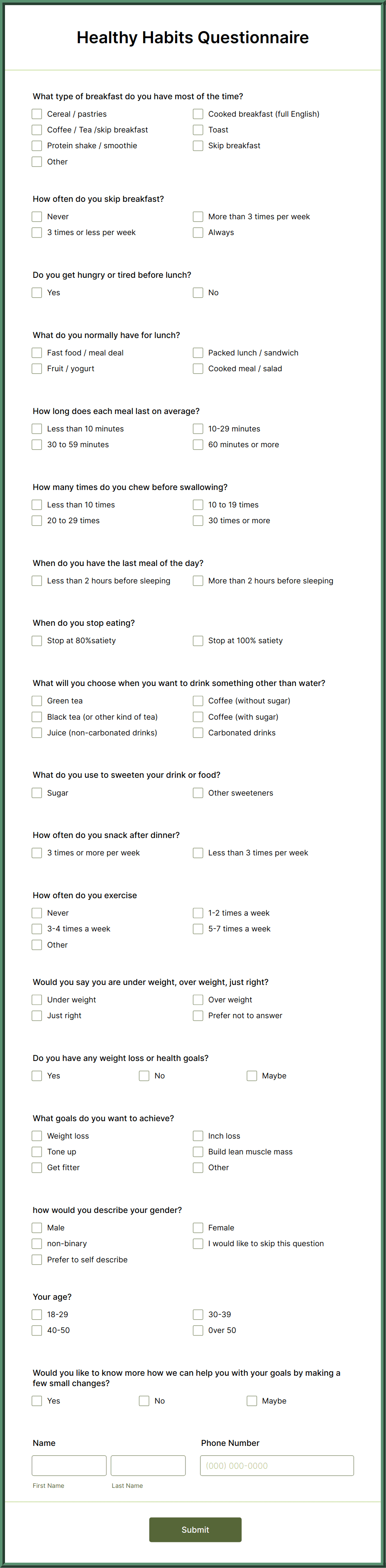 Healthy Habits Questionnaire Form Template | Jotform