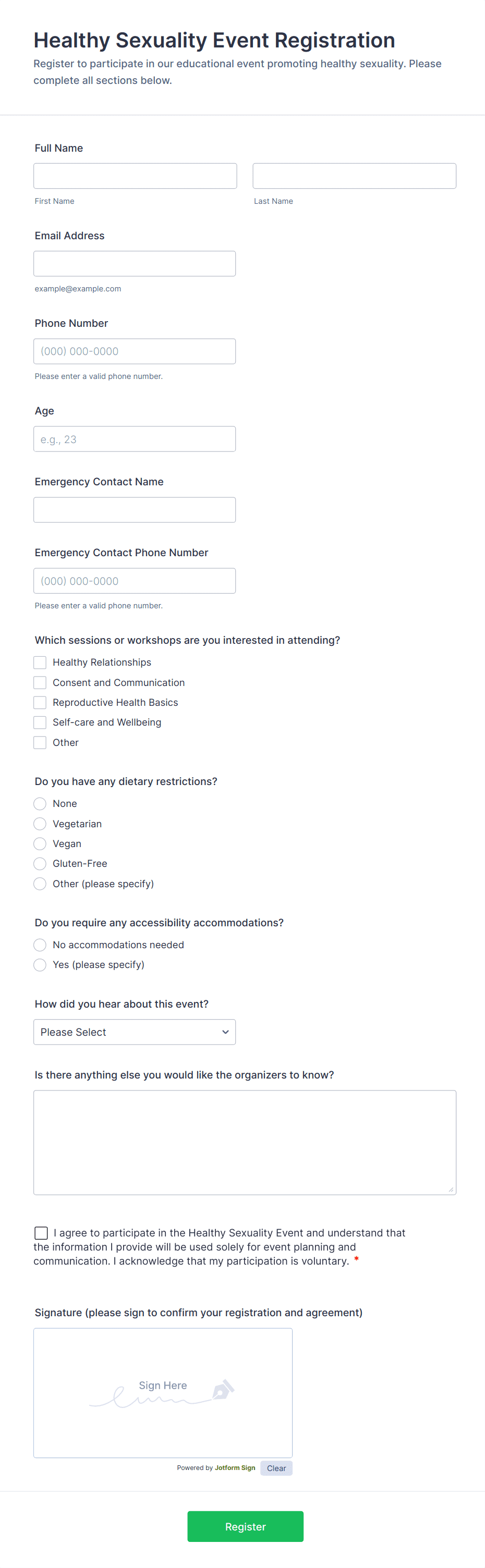 Healthy Sexuality Event Registration Form Template | Jotform