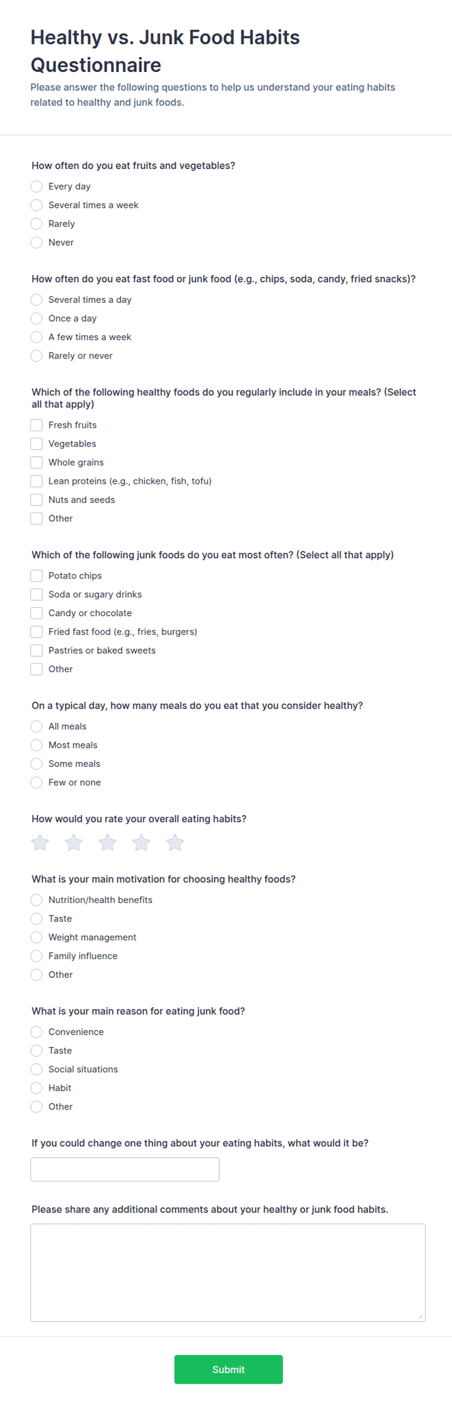 Healthy vs. Junk Food Habits Questionnaire Form Template | Jotform