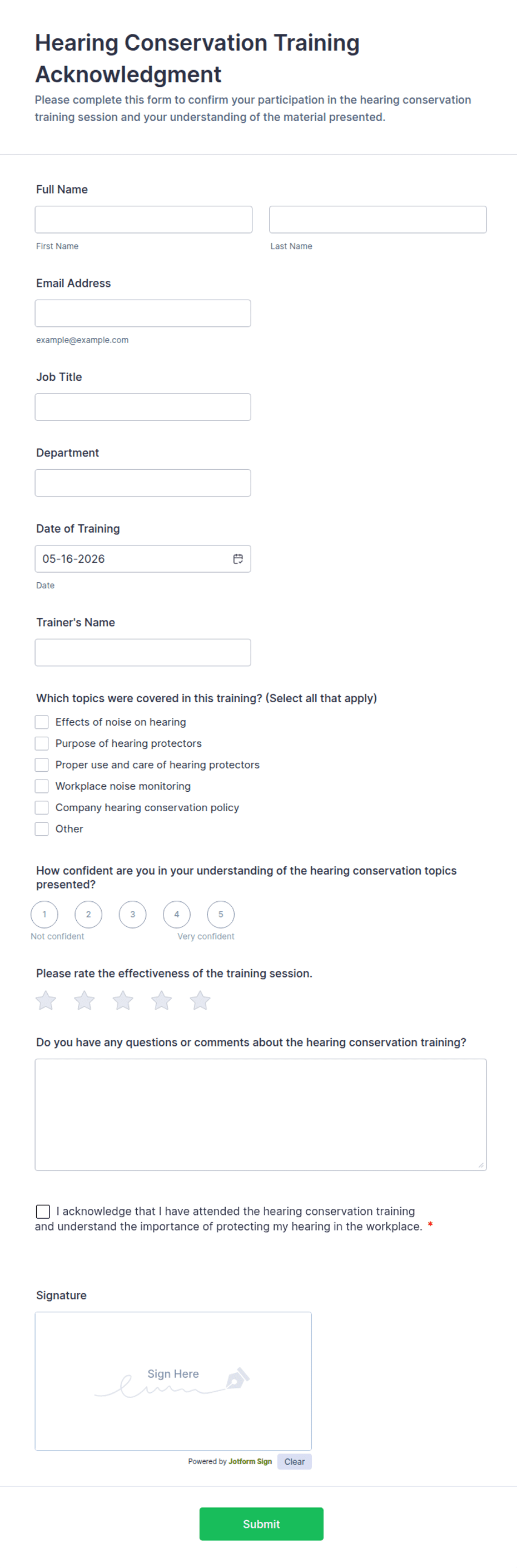 Hearing Conservation Training Acknowledgment Form Template | Jotform