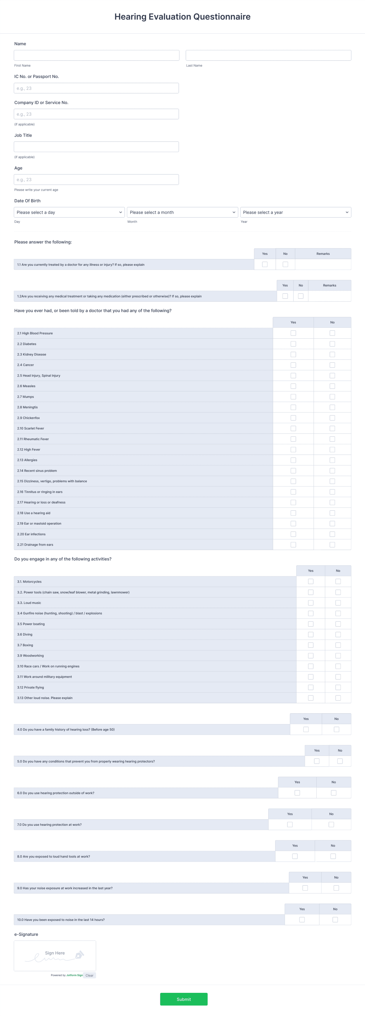 Hearing Evaluation Questionnaire Form Template | Jotform
