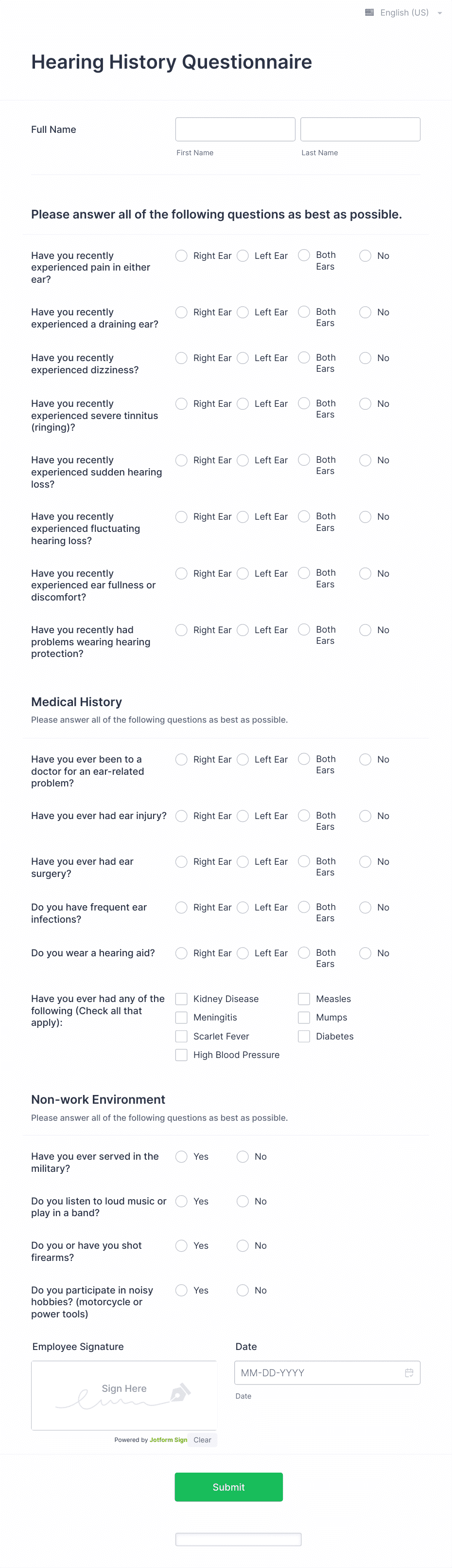Hearing History Questionnaire Form Template | Jotform