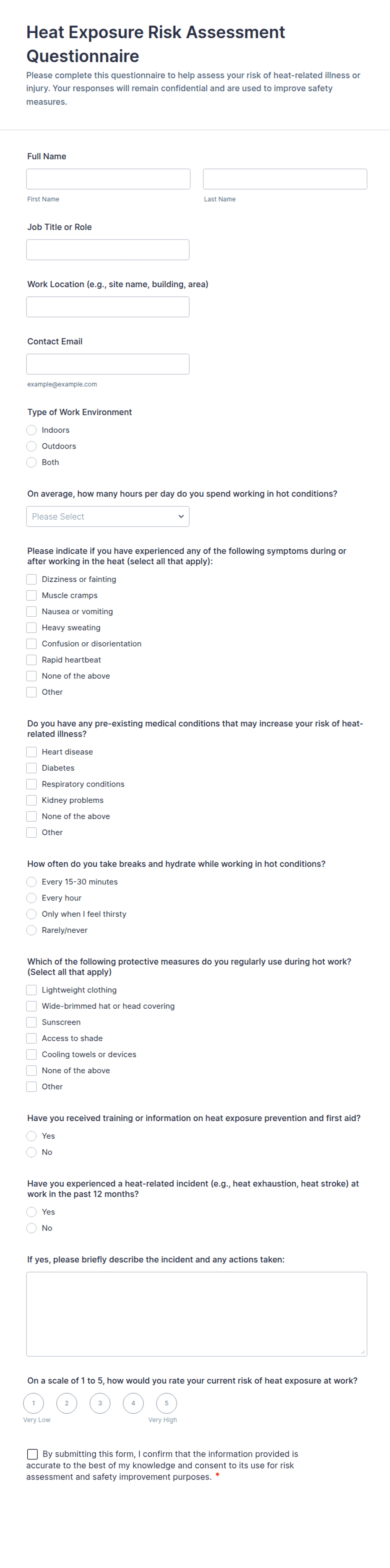 Heat Exposure Risk Assessment Questionnaire Form Template | Jotform