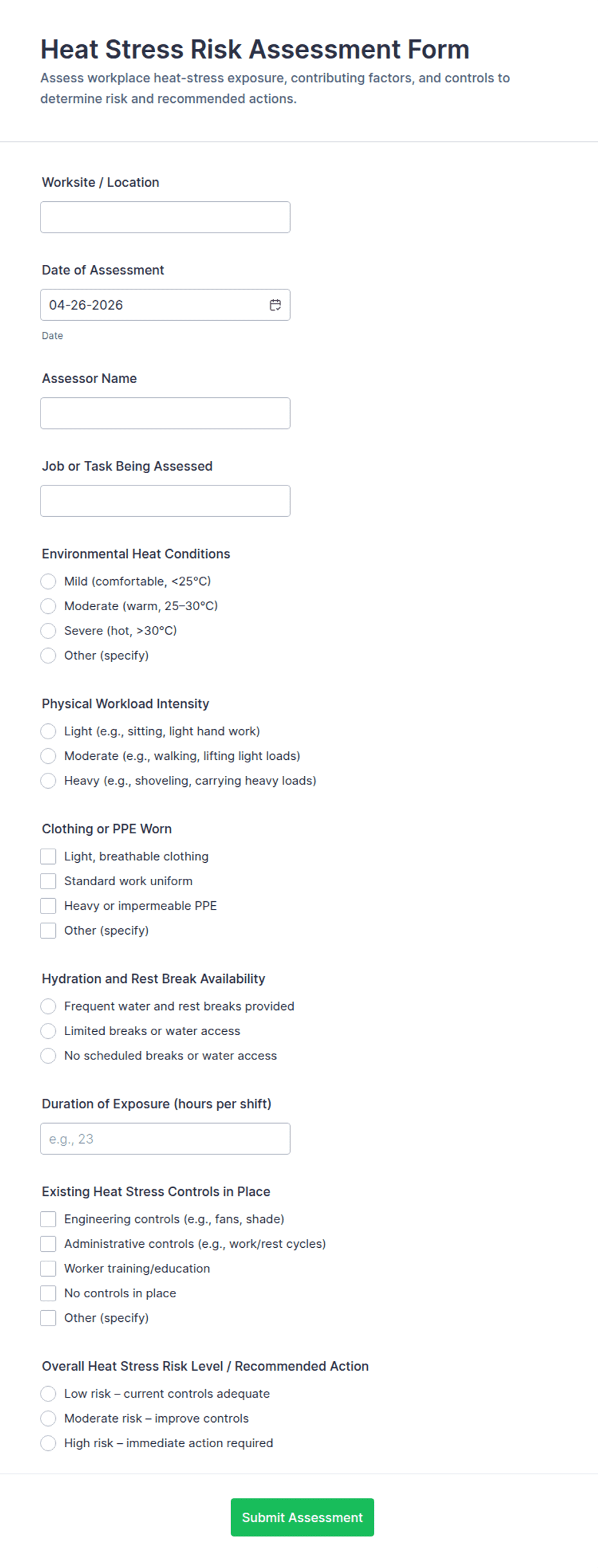 Heat Stress Risk Assessment Form Template | Jotform