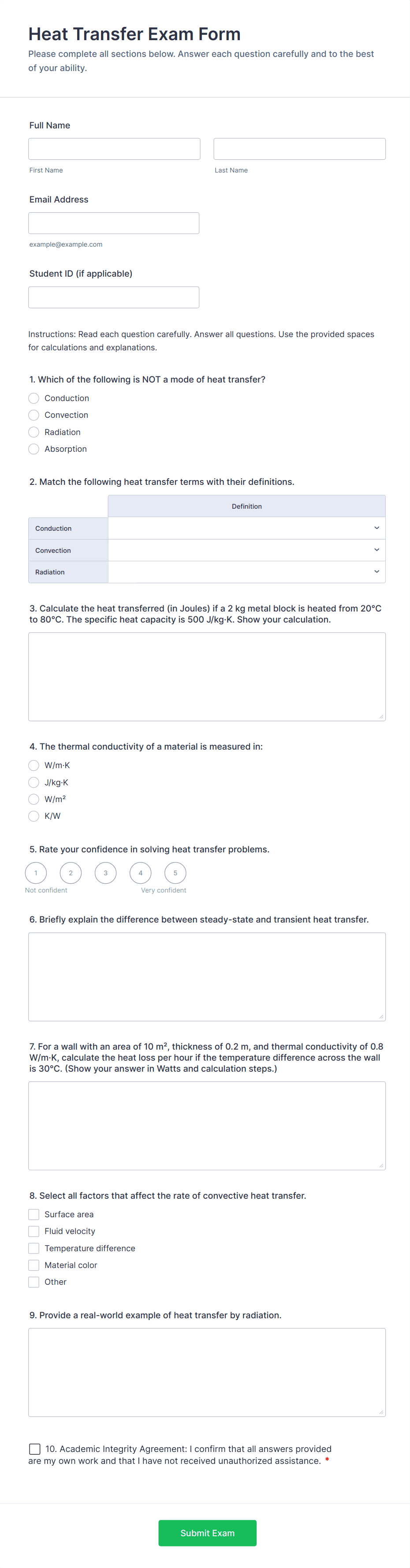 Heat Transfer Exam Form Template | Jotform