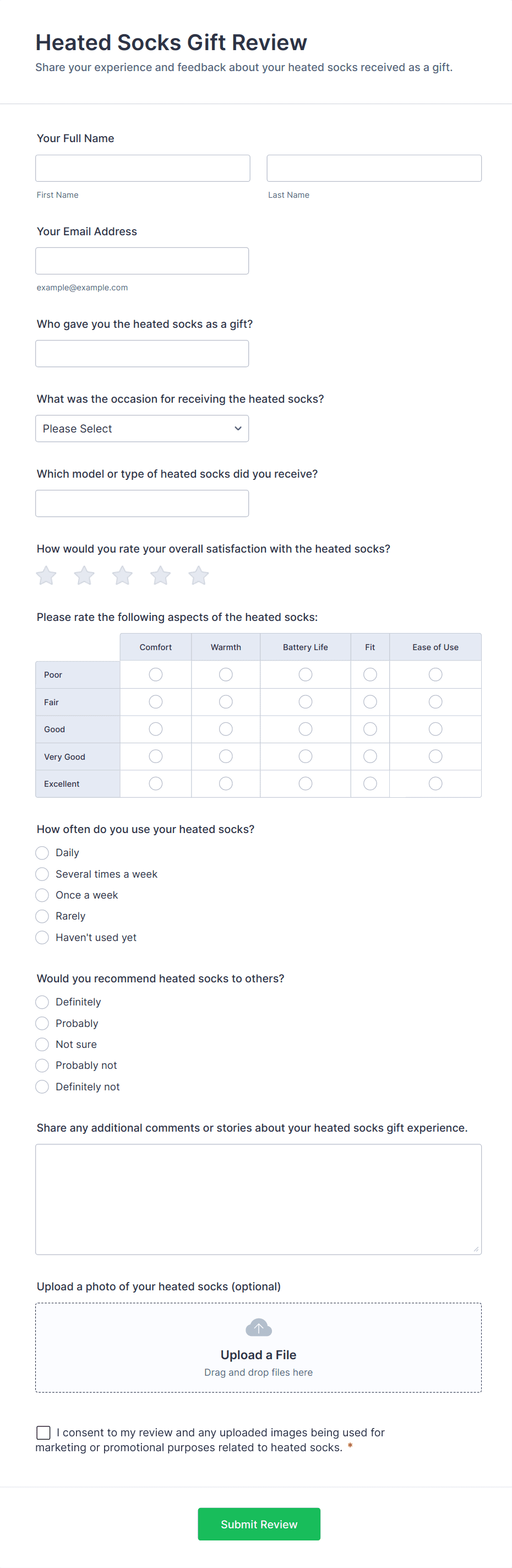 Heated Socks Gift Review Form Template | Jotform