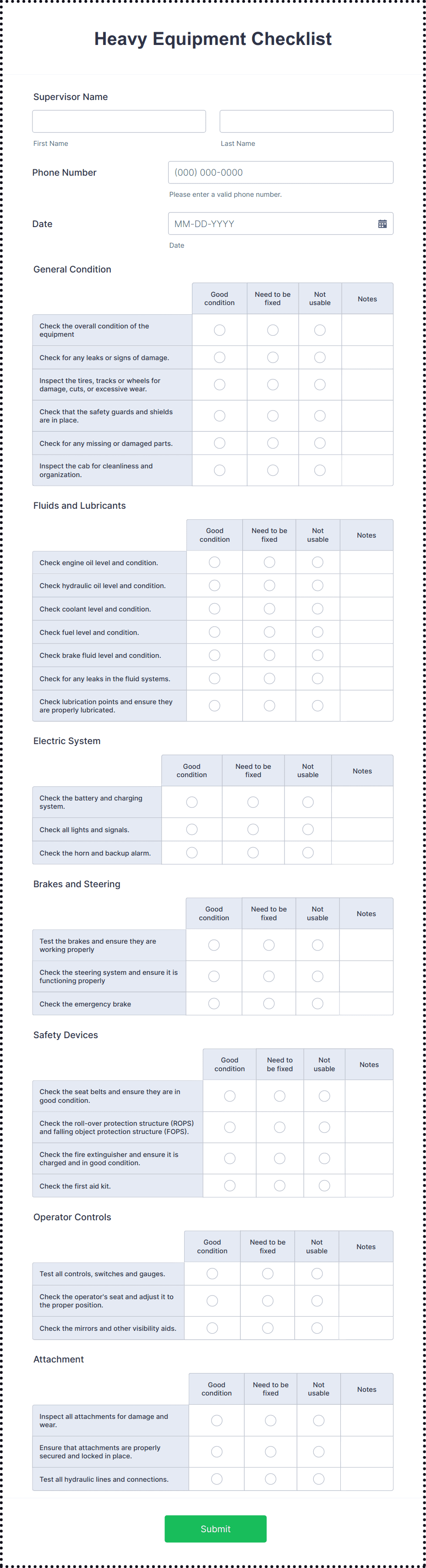 Heavy Equipment Checklist Form Template | Jotform