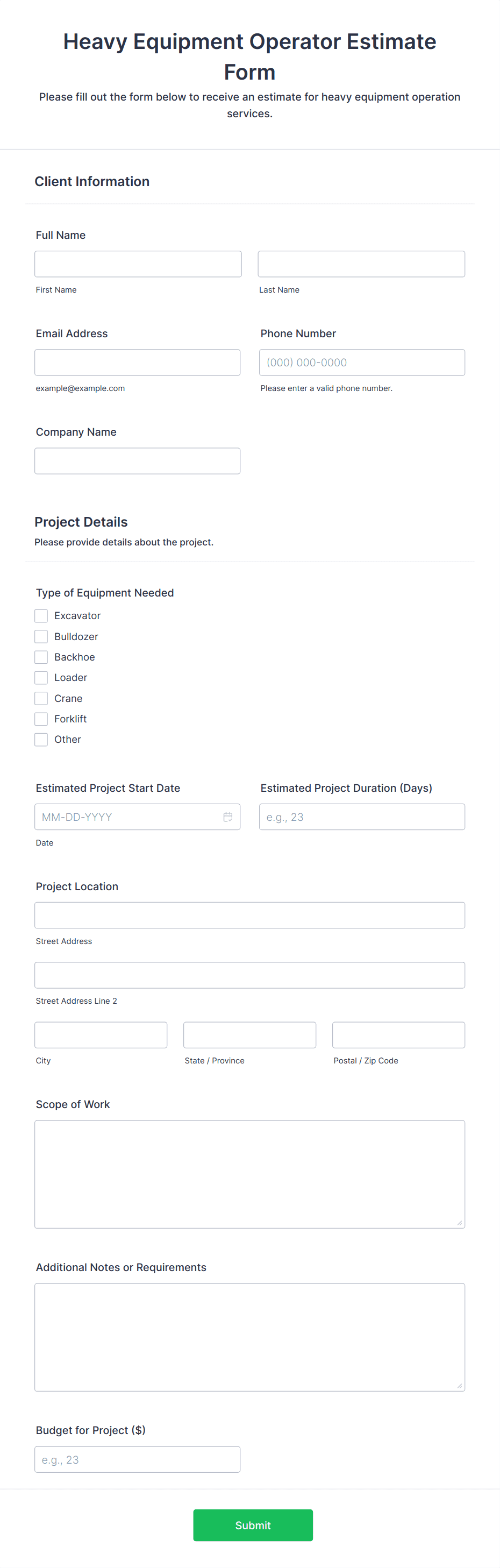 Heavy Equipment Operator Estimate Form Template | Jotform