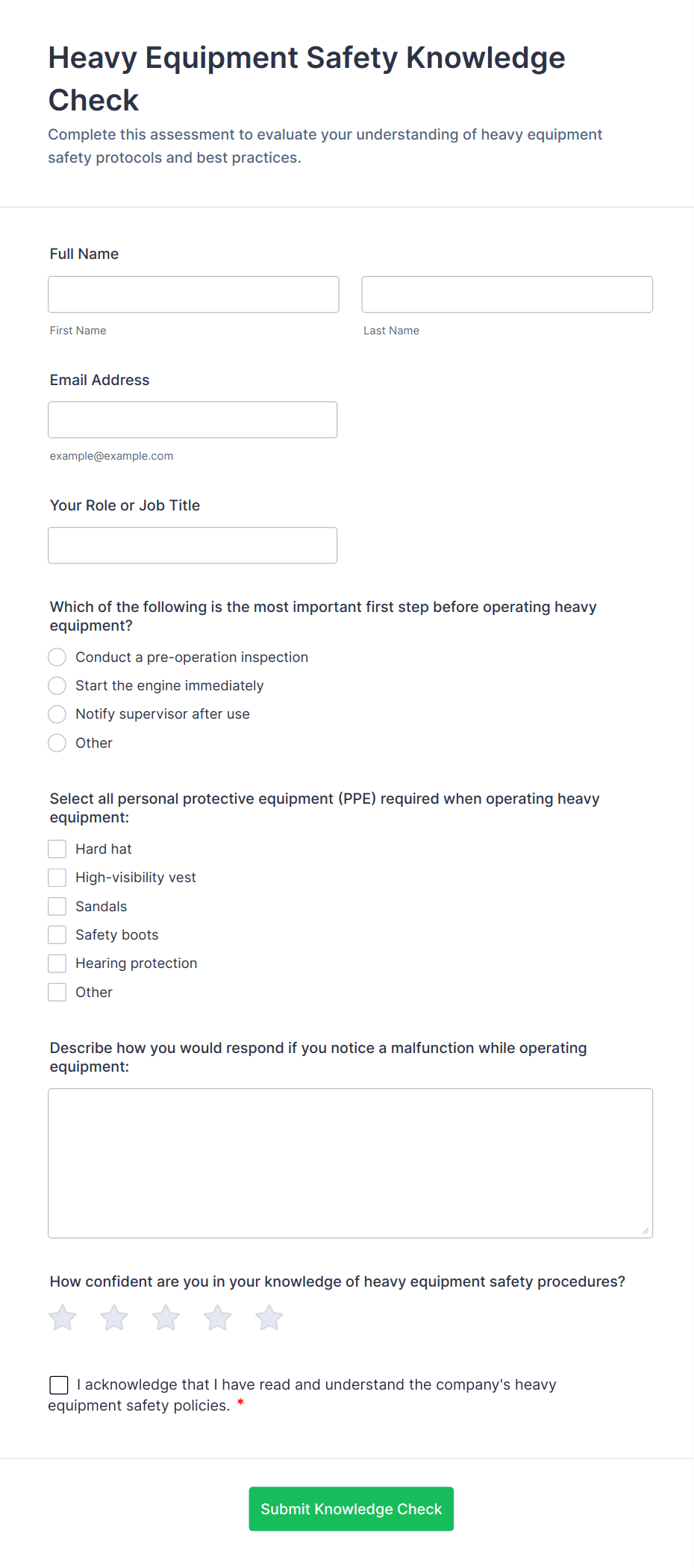 Heavy Equipment Safety Knowledge Check Form Template | Jotform