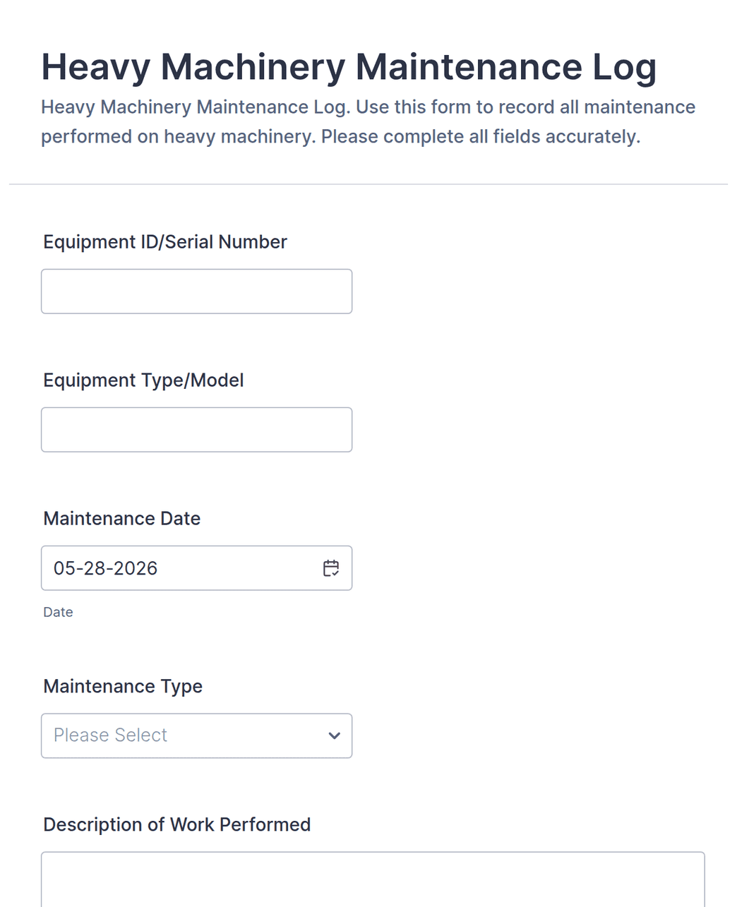 Heavy Machinery Maintenance Log Form Template | Jotform