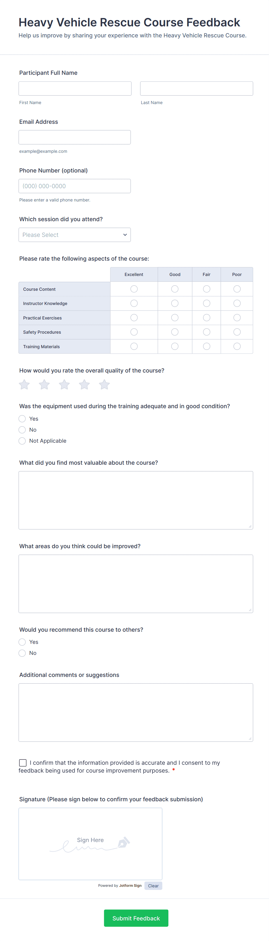 Heavy Vehicle Rescue Course Feedback Form Template | Jotform