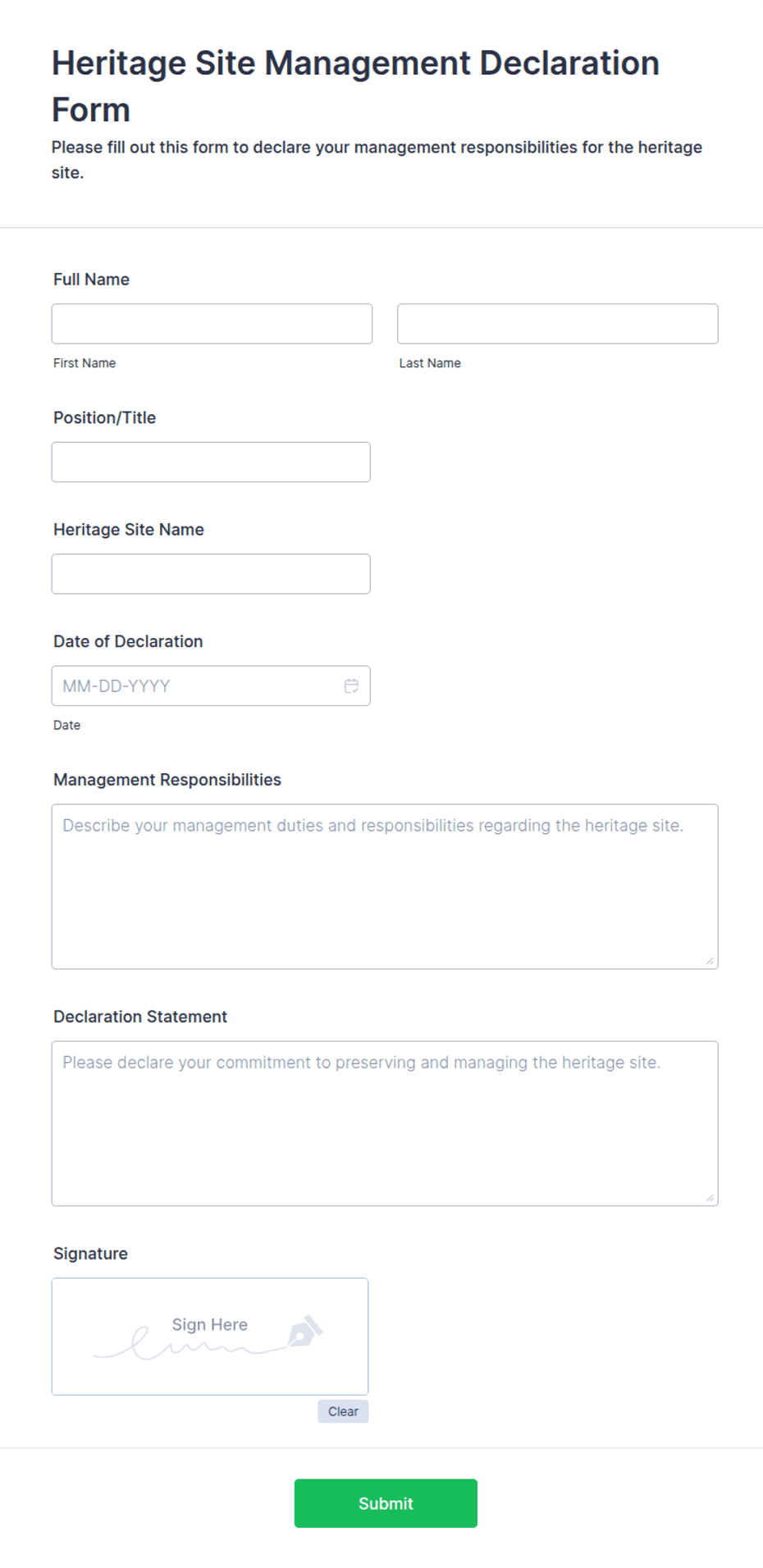 Heritage Site Management Declaration Form Template | Jotform