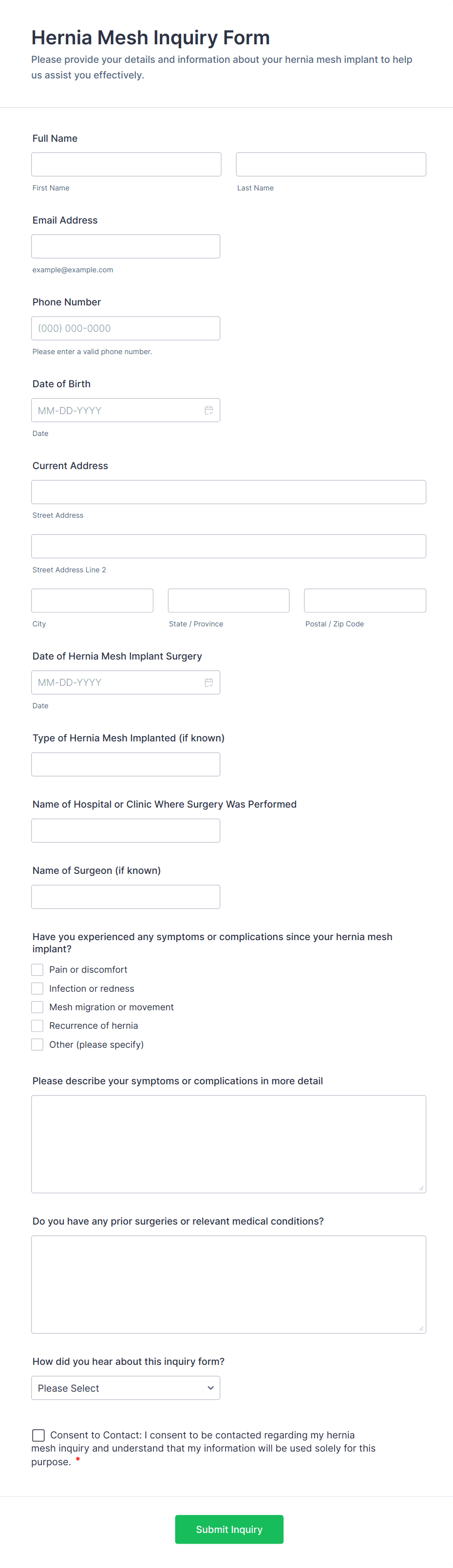Hernia Mesh Inquiry Form Form Template | Jotform