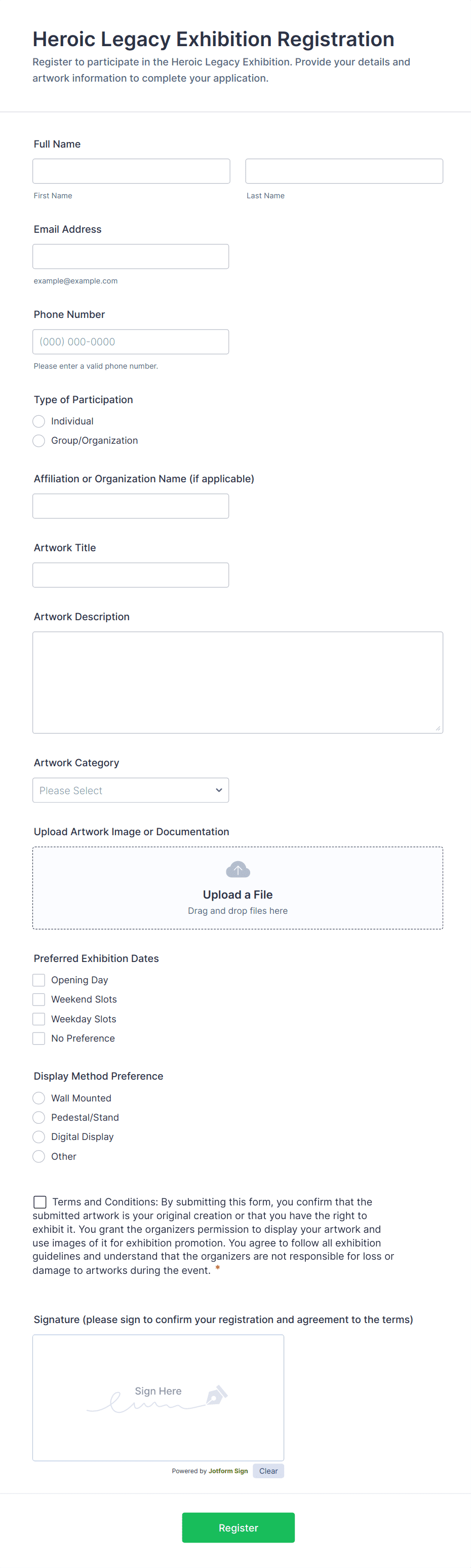 Heroic Legacy Exhibition Registration Form Template | Jotform