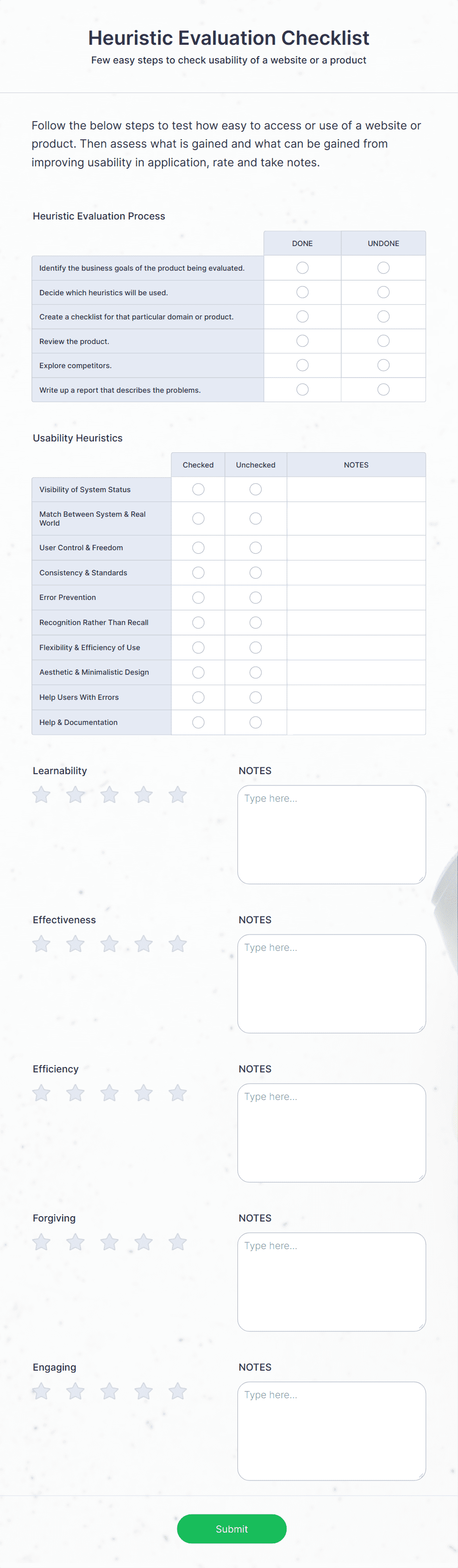 Heuristic Evaluation Checklist Form Template | Jotform