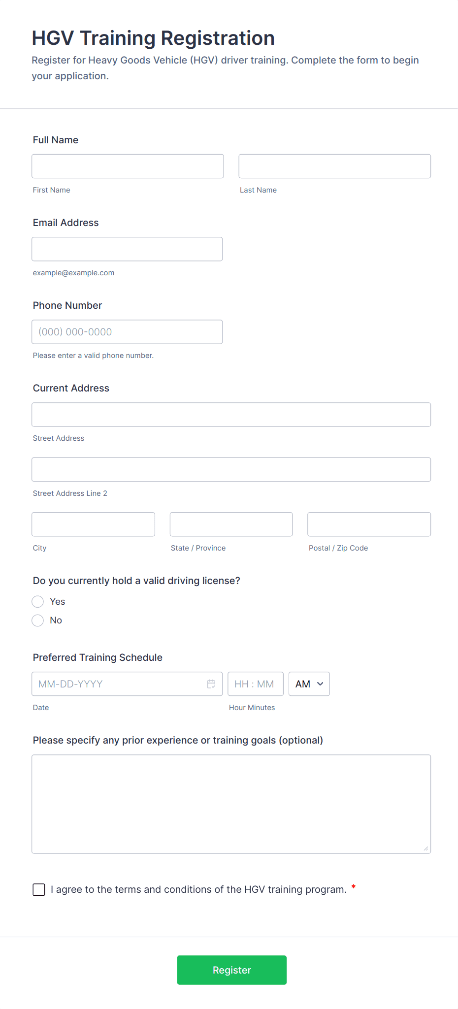 HGV Training Registration Form Template | Jotform