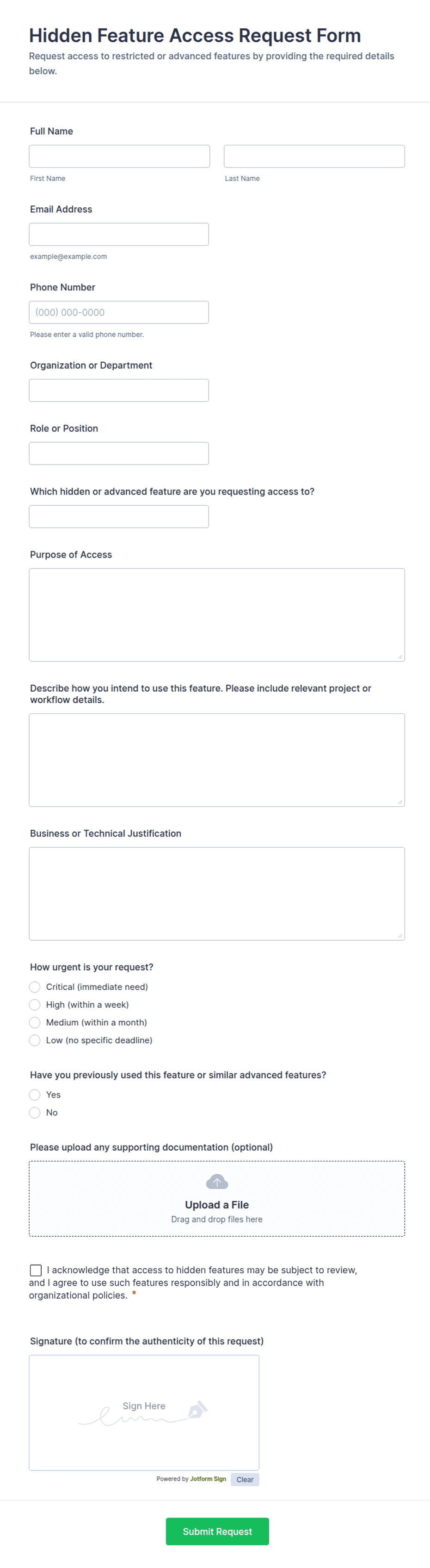 Hidden Feature Access Request Form Template | Jotform