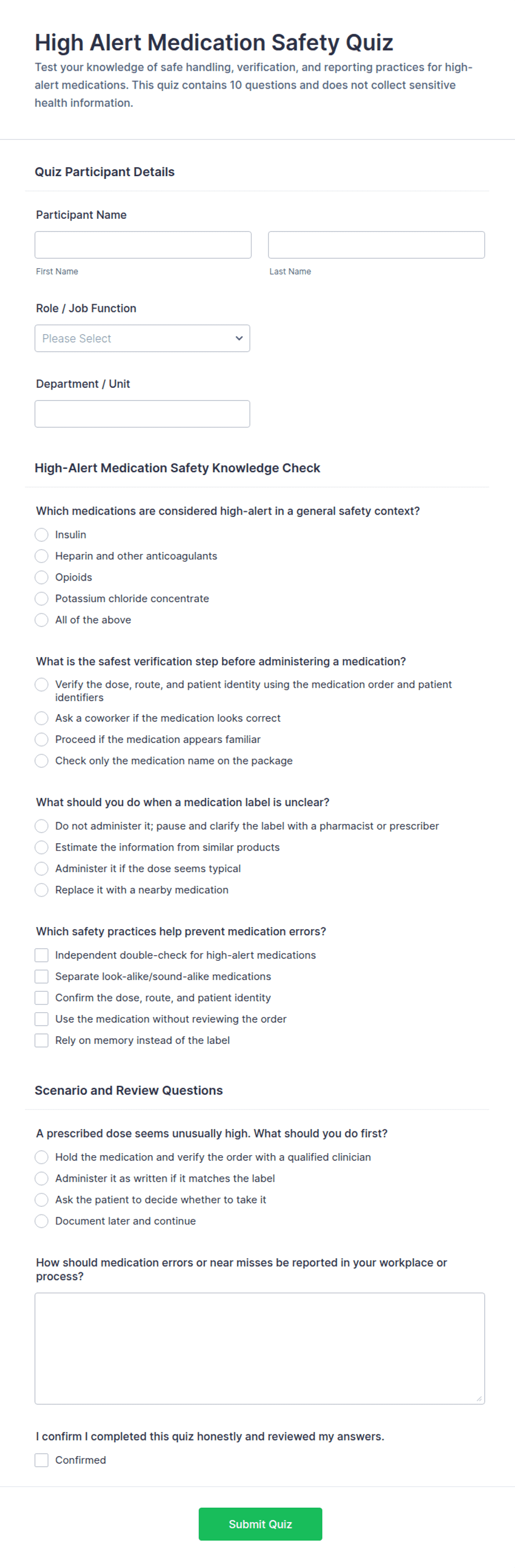 High Alert Medication Safety Quiz Form Template | Jotform