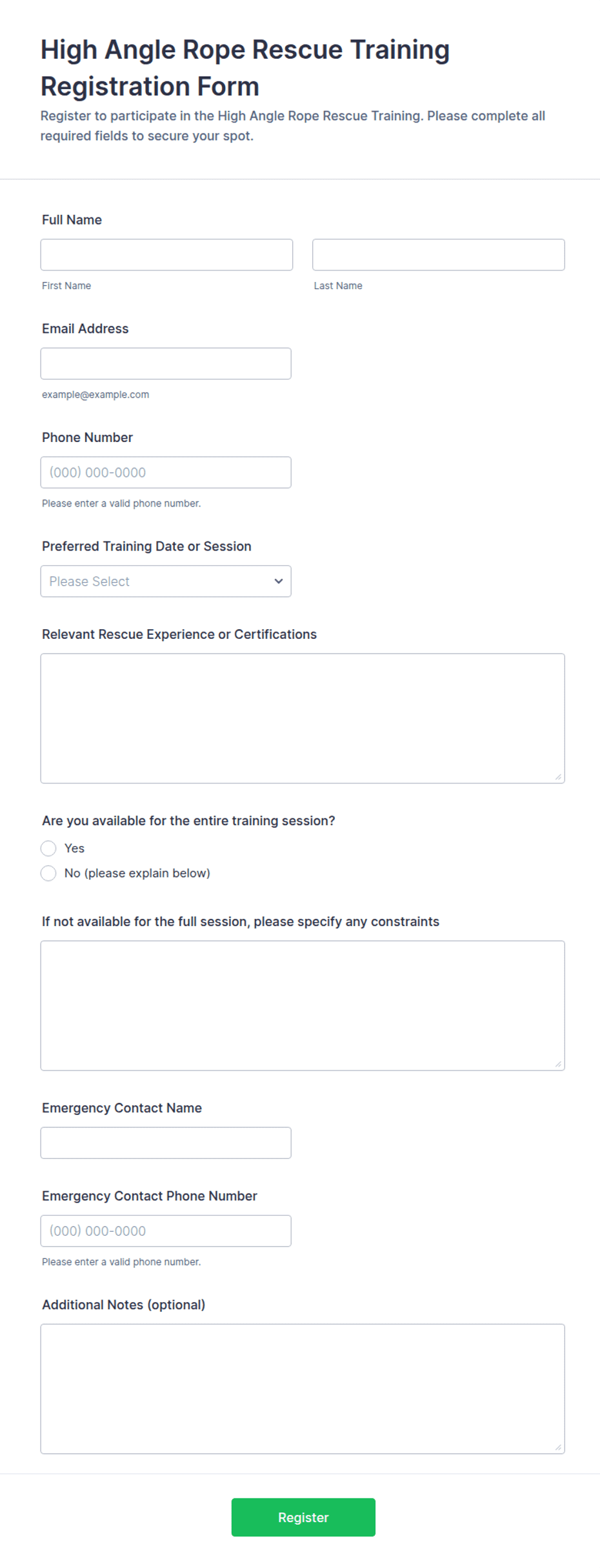 High Angle Rope Rescue Training Registration Form Template | Jotform