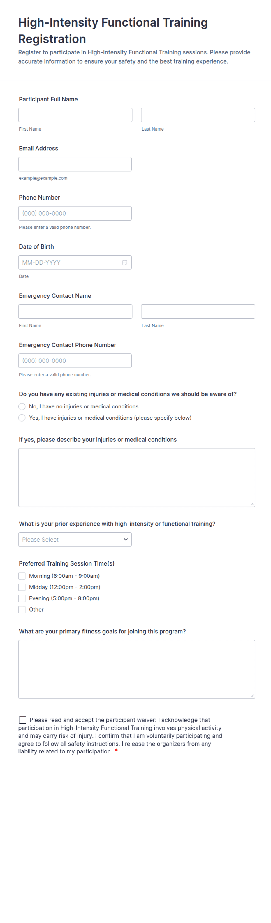 High-Intensity Functional Training Registration Form Template | Jotform
