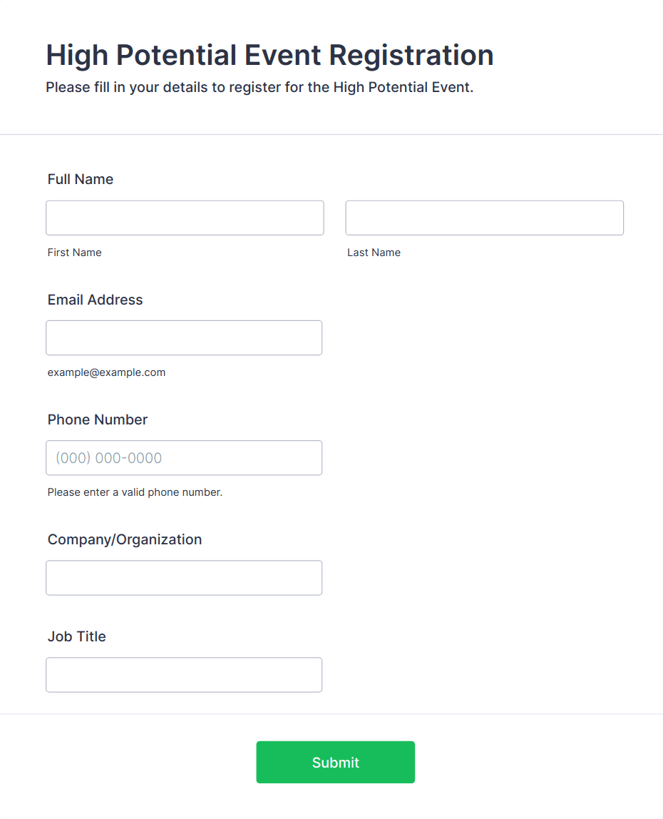 High Potential Event Registration Form Template | Jotform