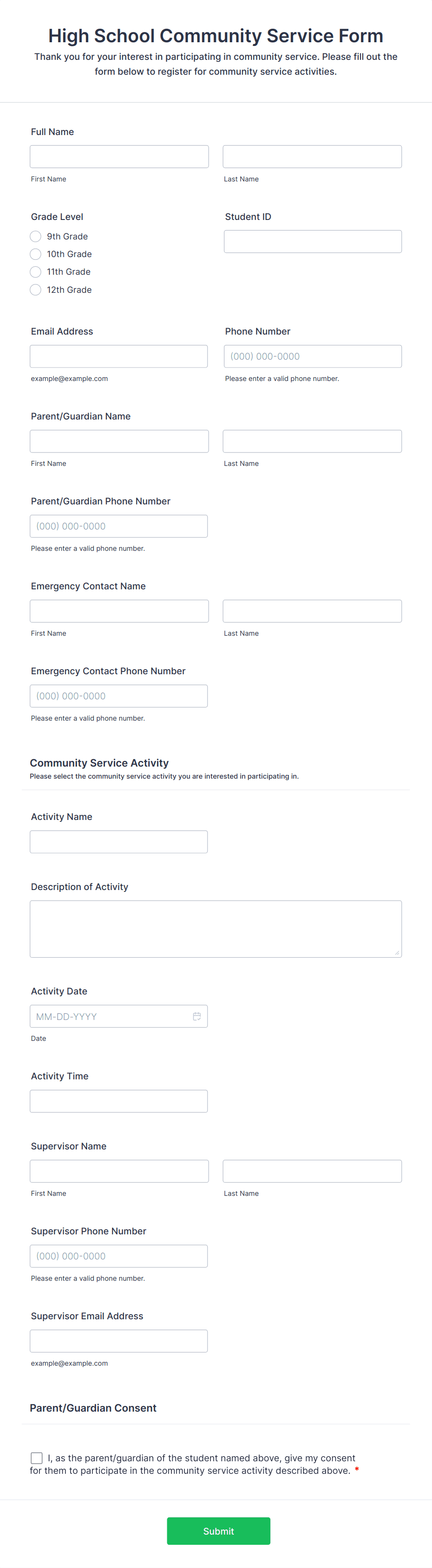 High School Community Service Form Template | Jotform