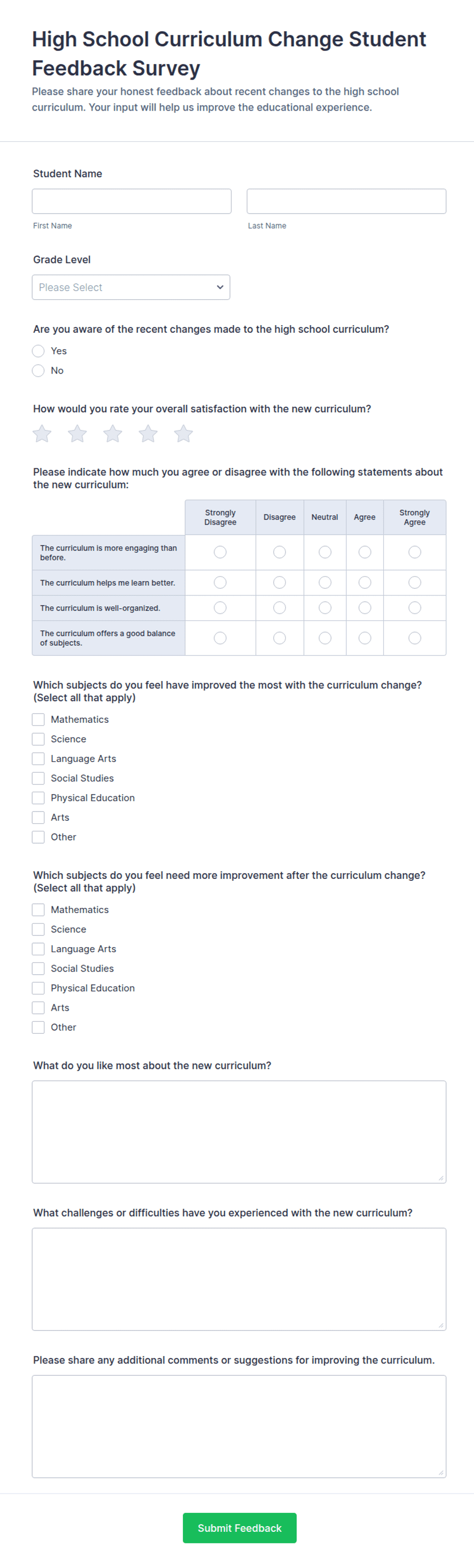 High School Curriculum Change Student Feedback Survey Form Template ...
