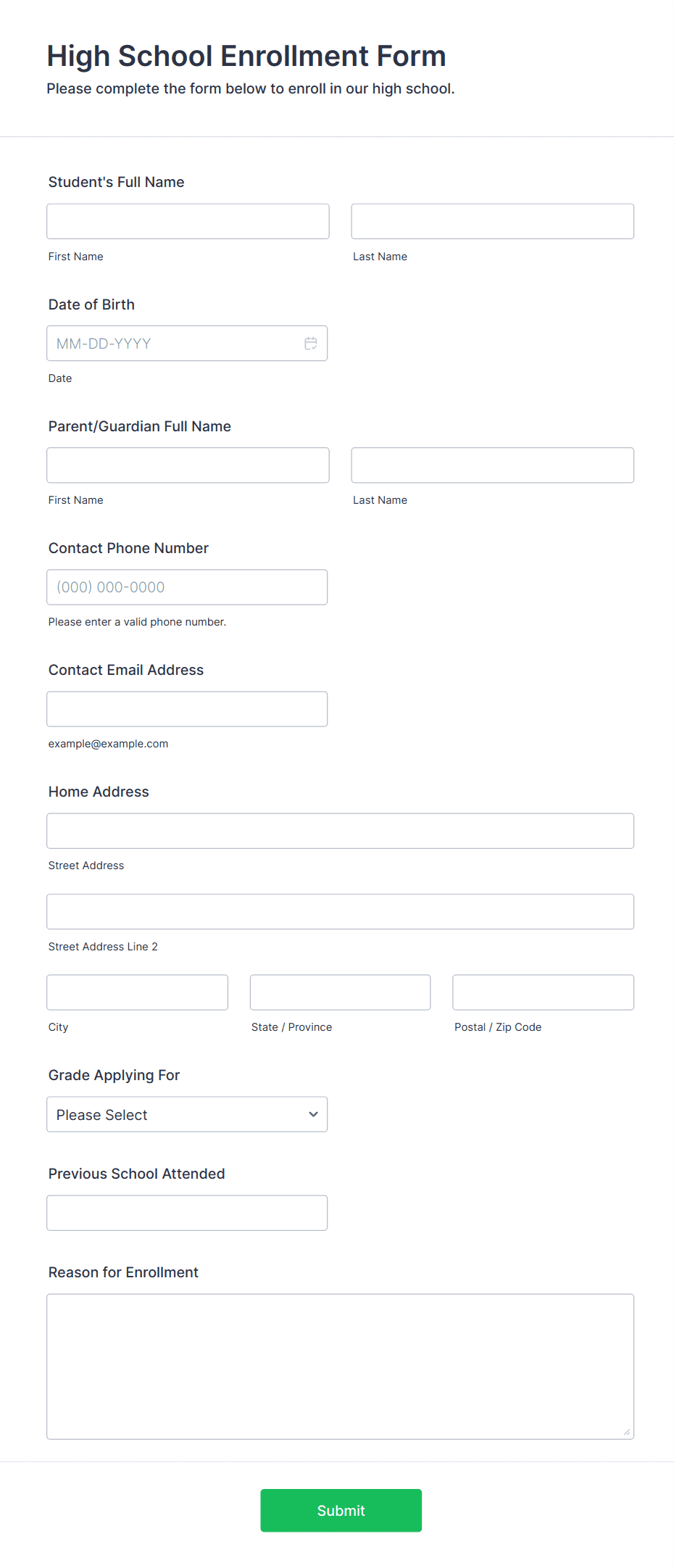 High School Enrollment Form Template | Jotform