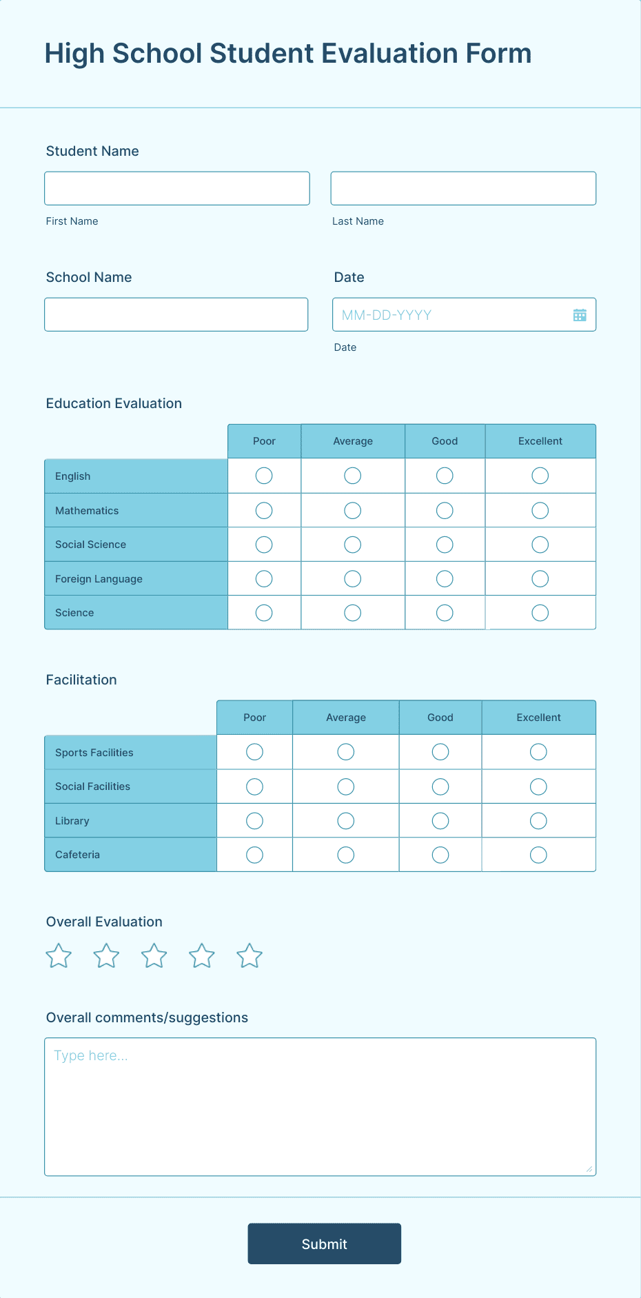 High School Student Evaluation Form Template | Jotform