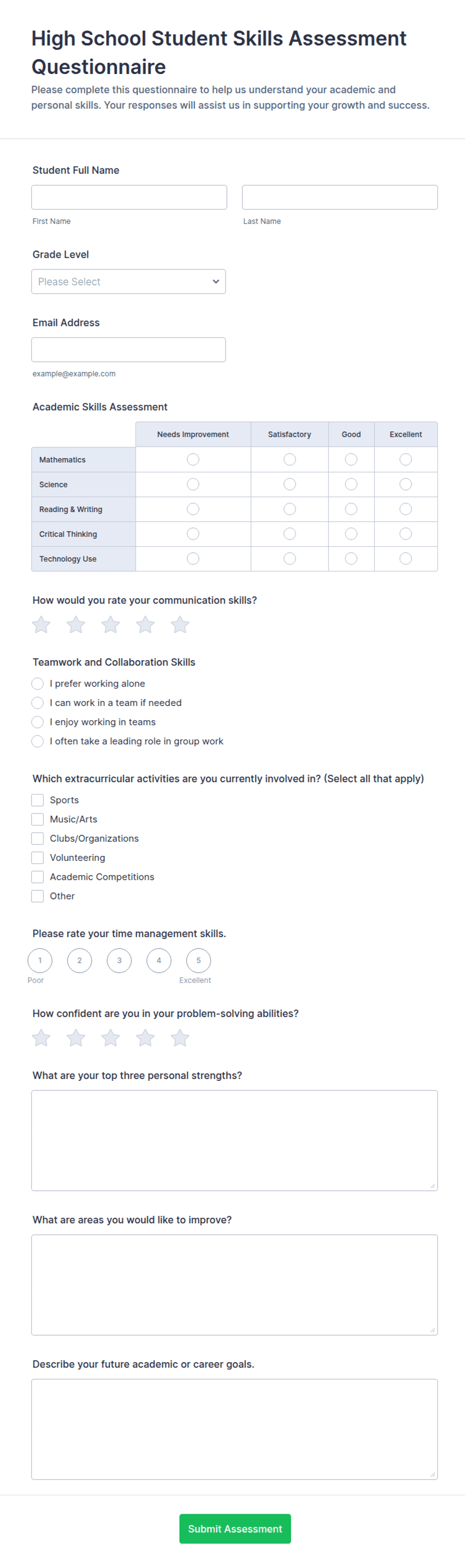 High School Student Skills Assessment Questionnaire Form Template | Jotform