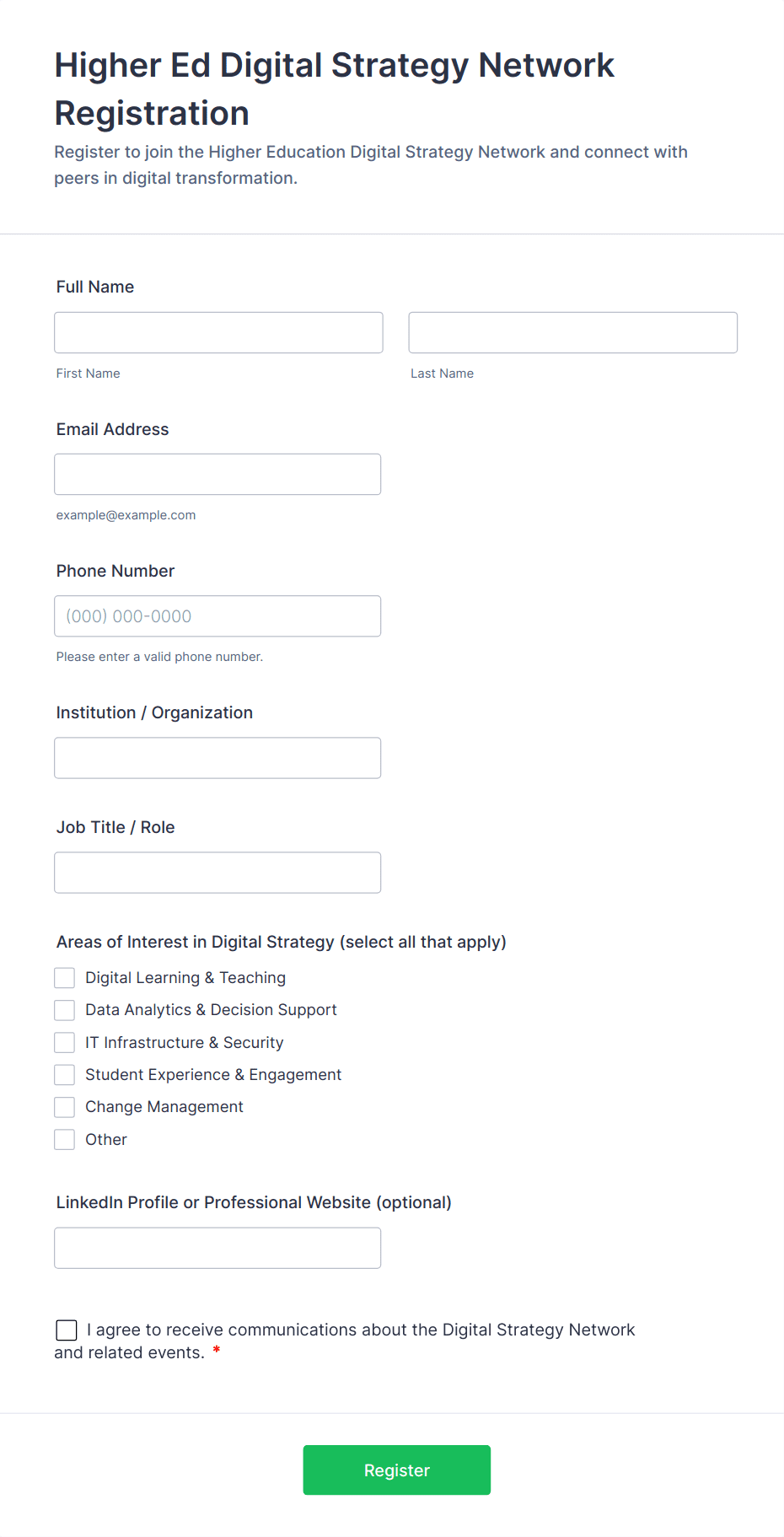 Higher Ed Digital Strategy Network Registration Form Template | Jotform