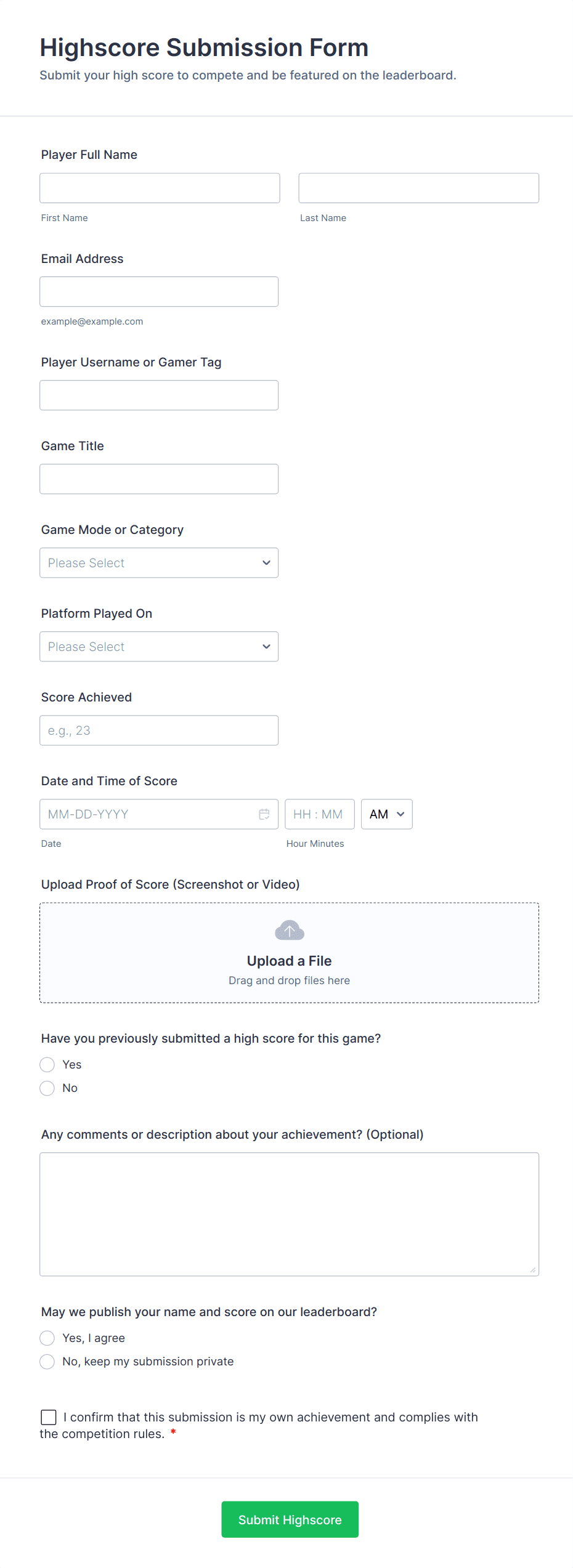 Highscore Submission Form Template | Jotform