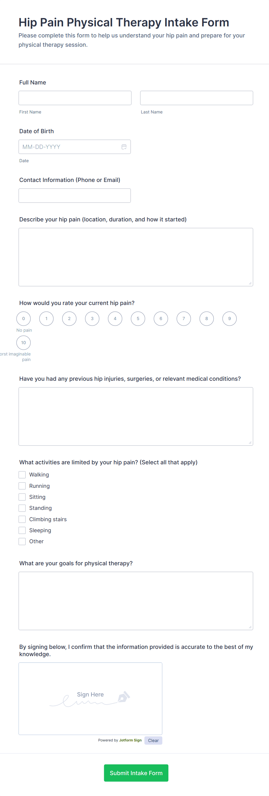 Hip Pain Physical Therapy Intake Form Template | Jotform
