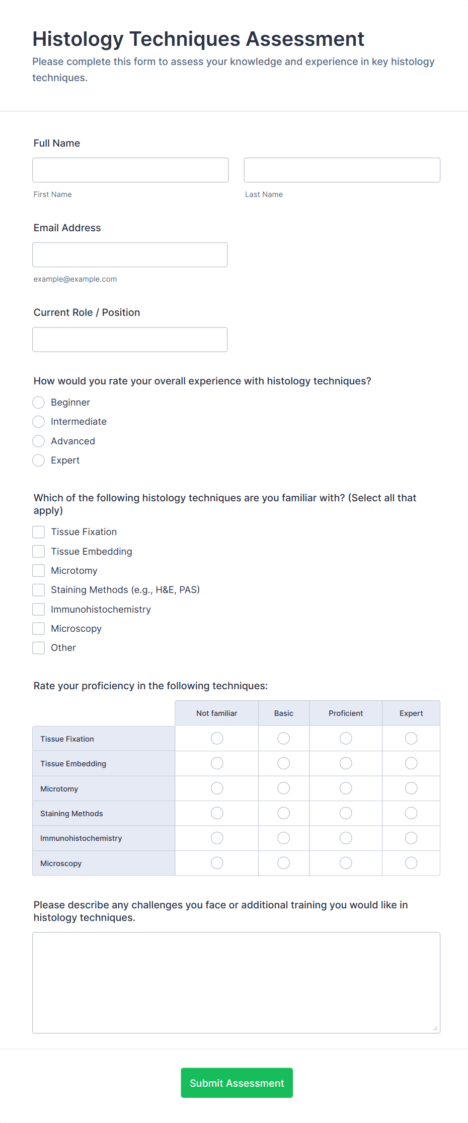 Histology Techniques Assessment Form Template | Jotform