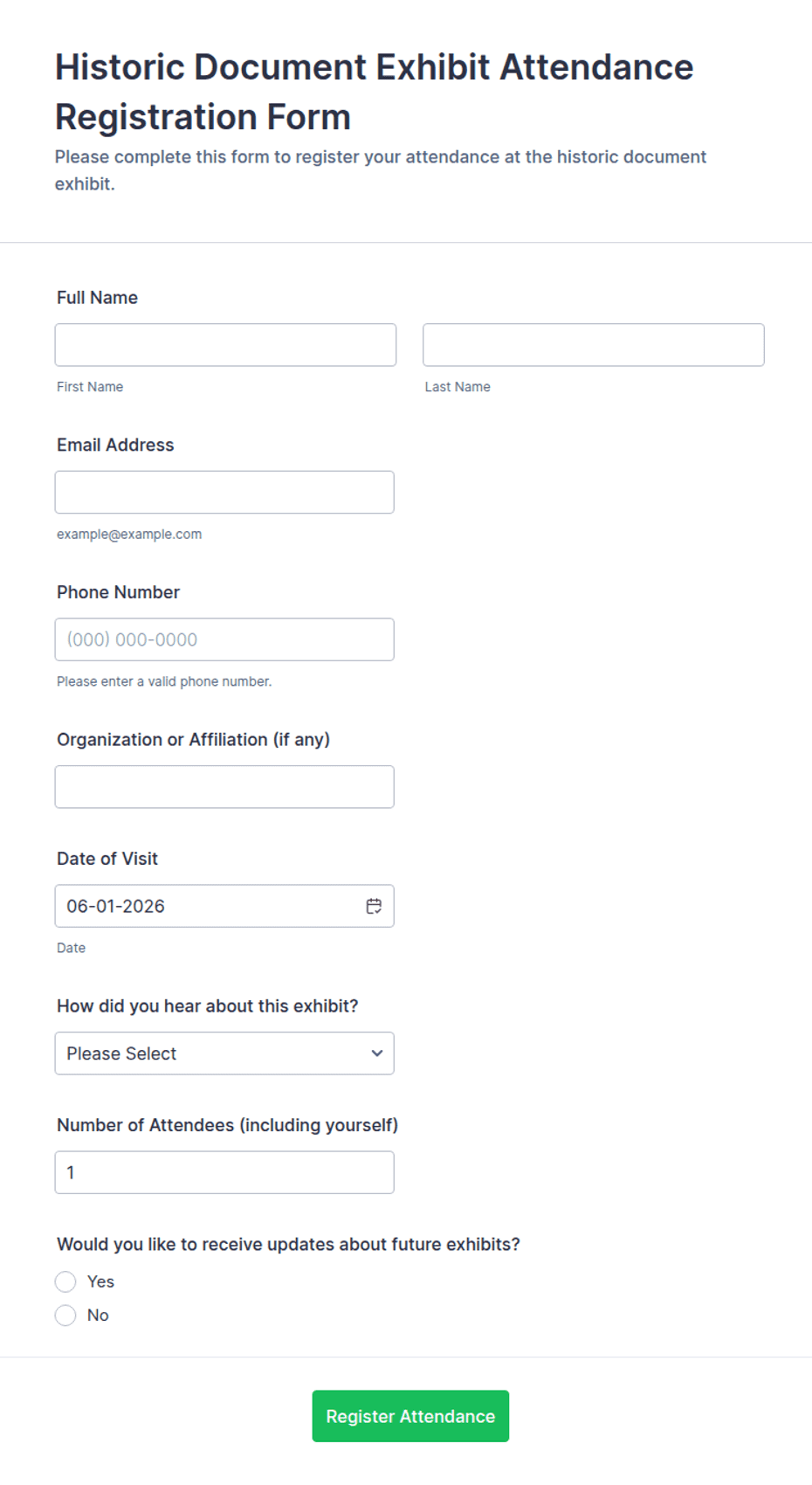 Historic Document Exhibit Attendance Registration Form Template | Jotform
