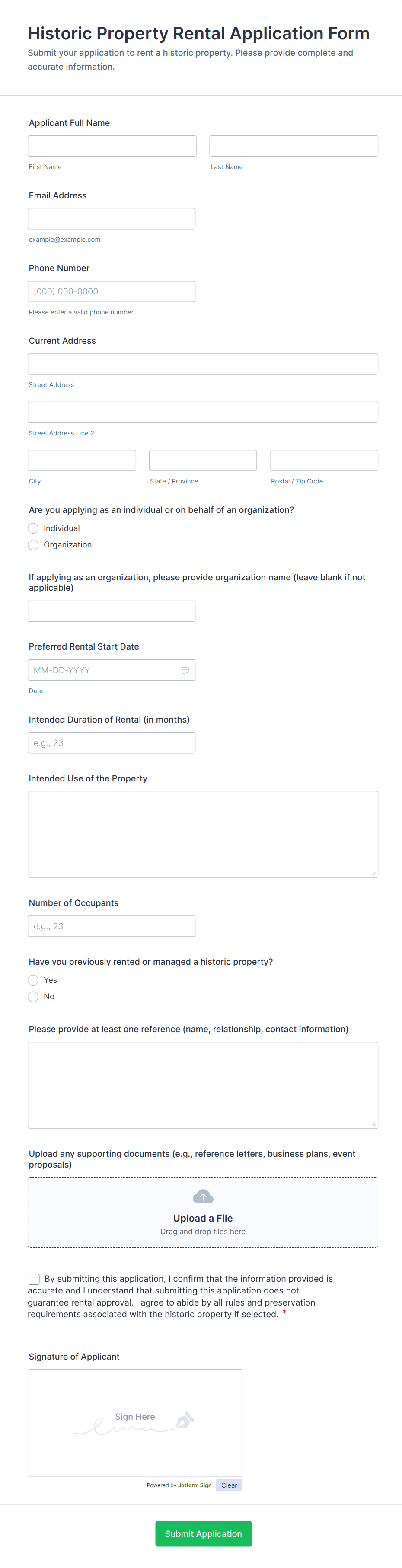 Historic Property Rental Application Form Template | Jotform