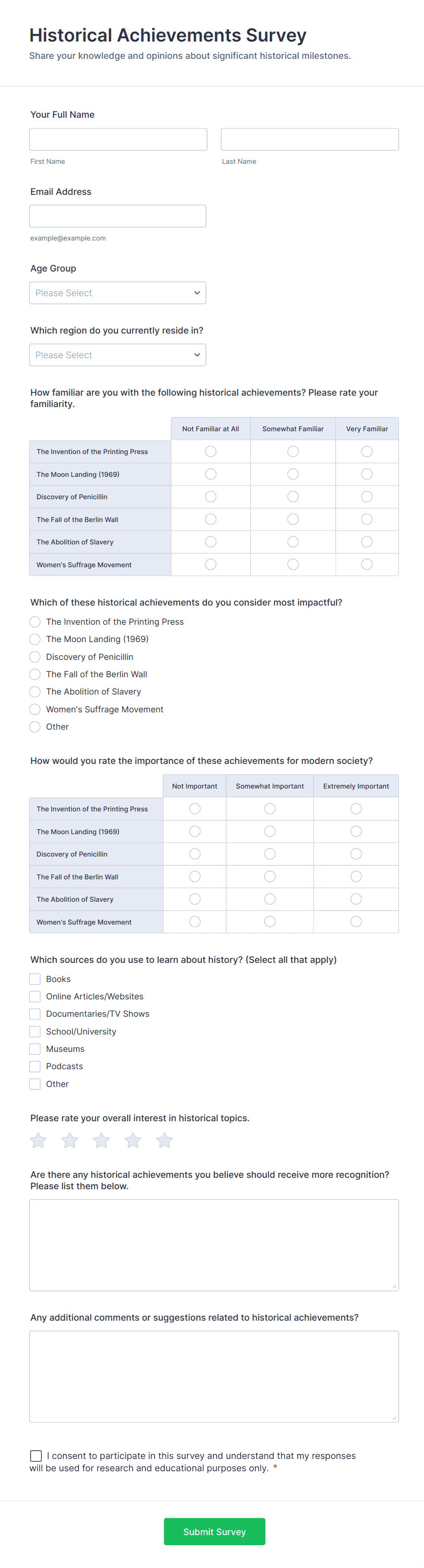 Historical Achievements Survey Form Template | Jotform