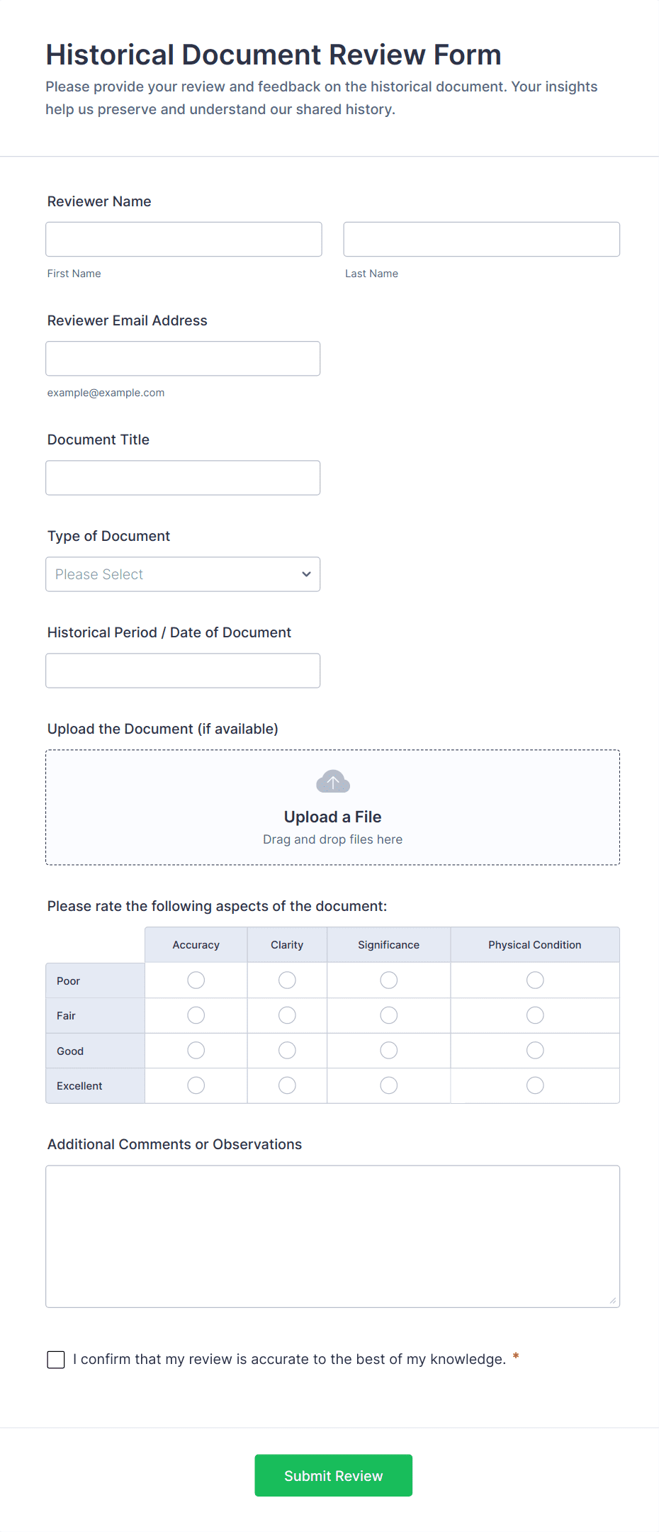 Historical Document Review Form Template | Jotform
