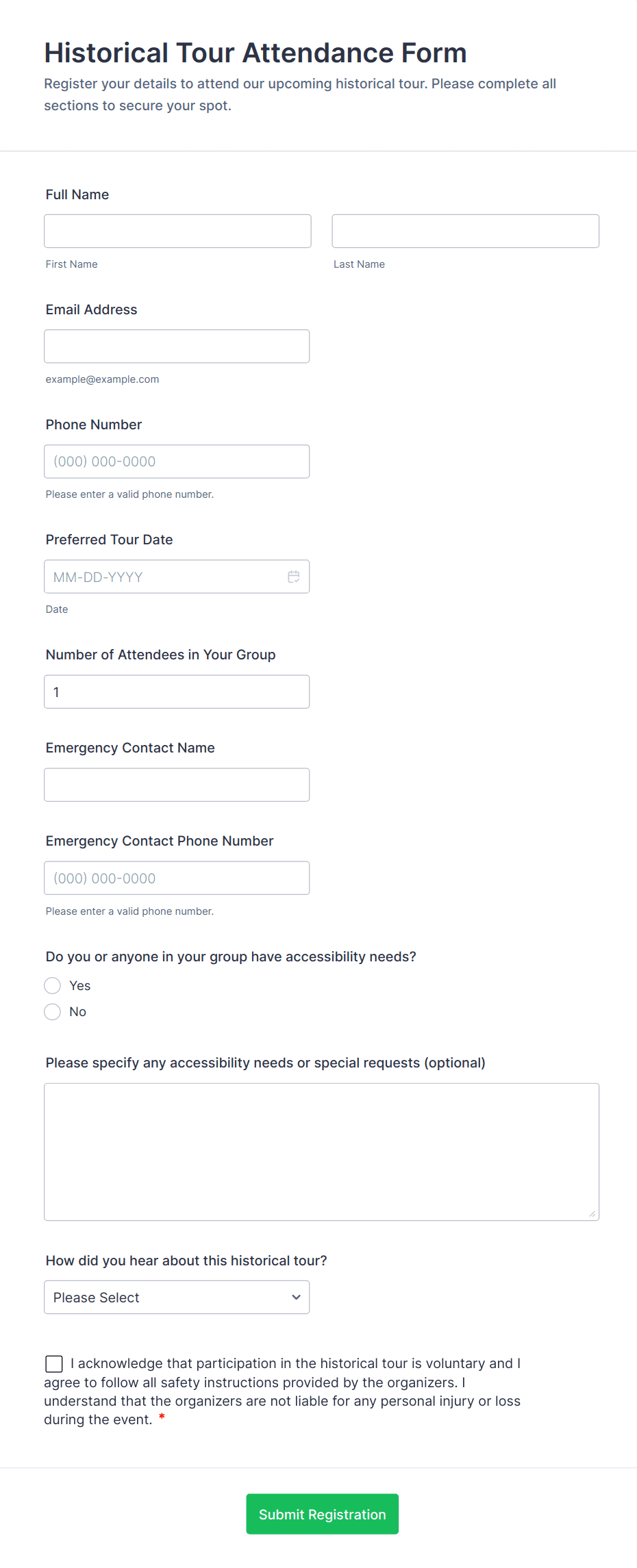 Historical Tour Attendance Form Template | Jotform