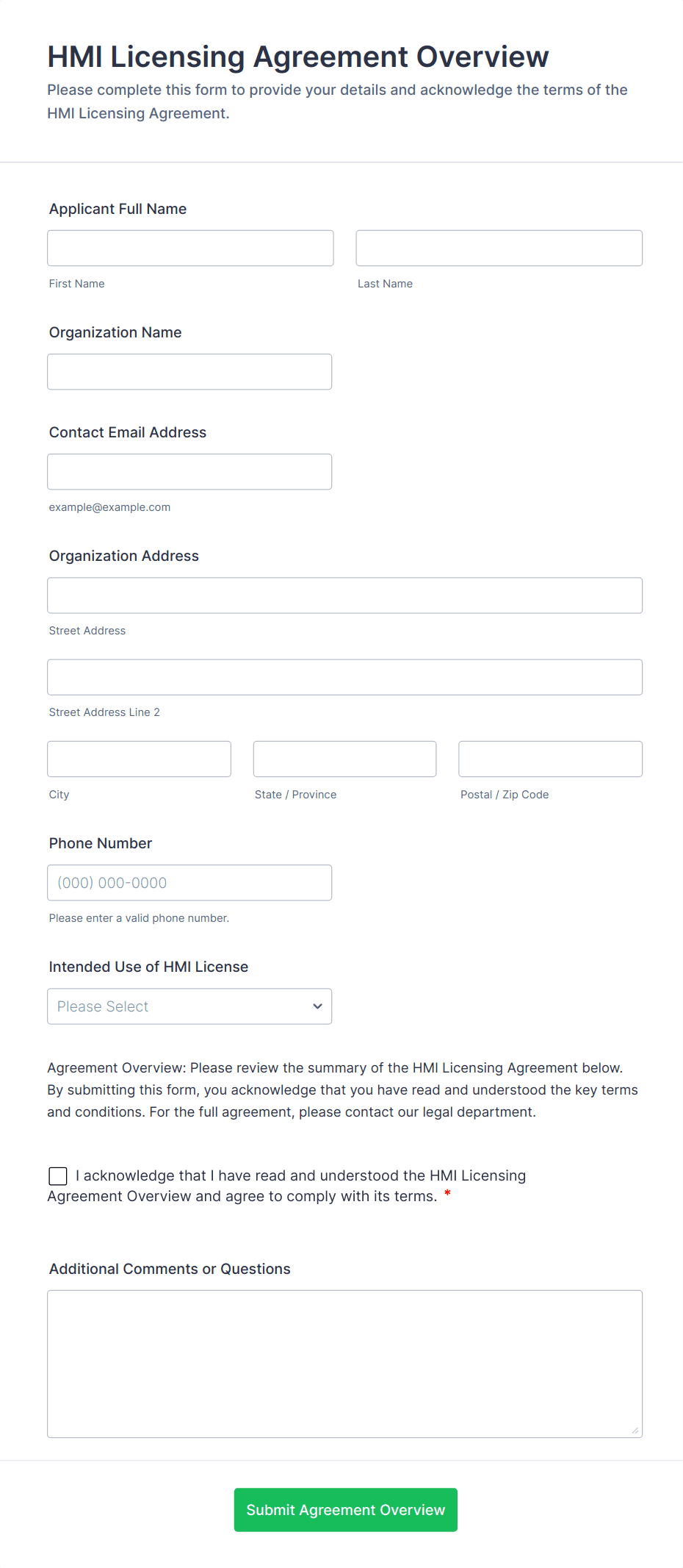HMI Licensing Agreement Overview Form Template | Jotform