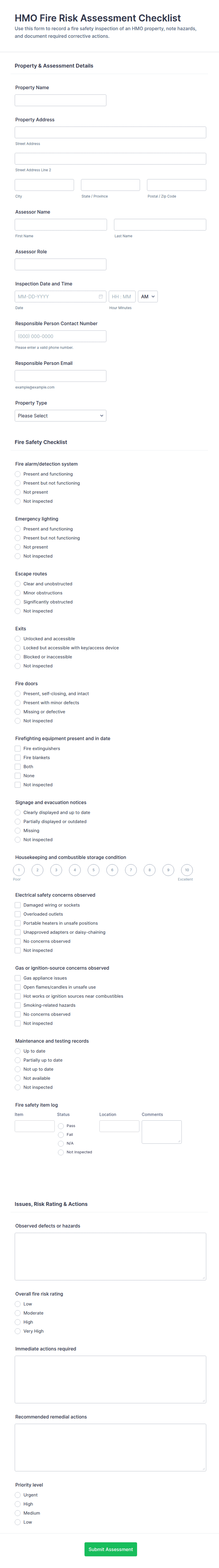 HMO Fire Risk Assessment Checklist Form Template | Jotform