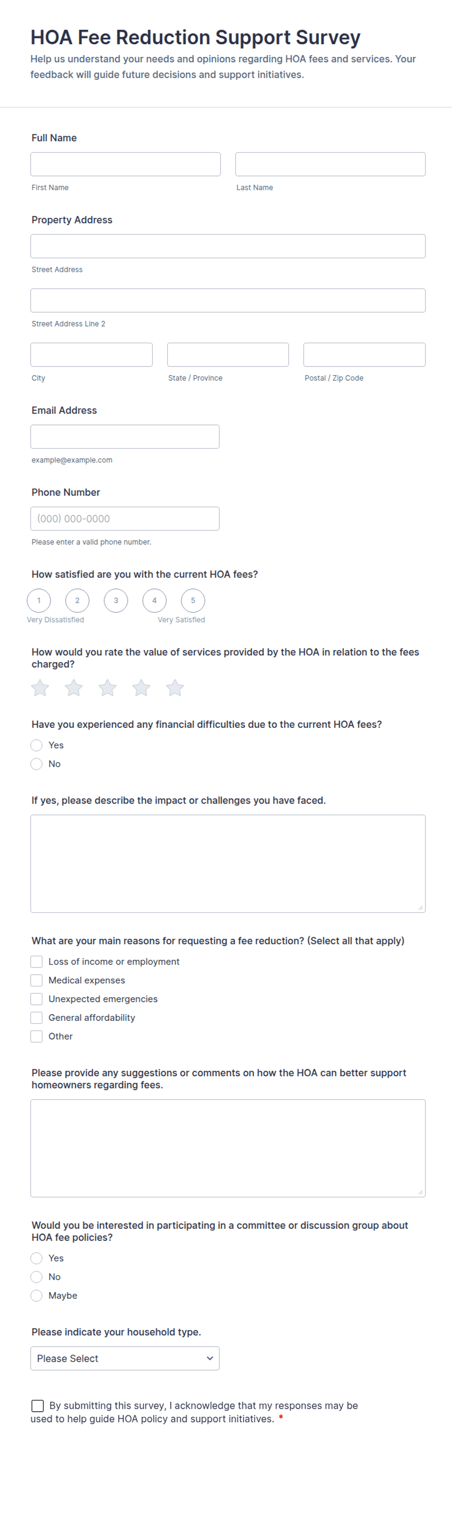 HOA Fee Reduction Support Survey Form Template | Jotform