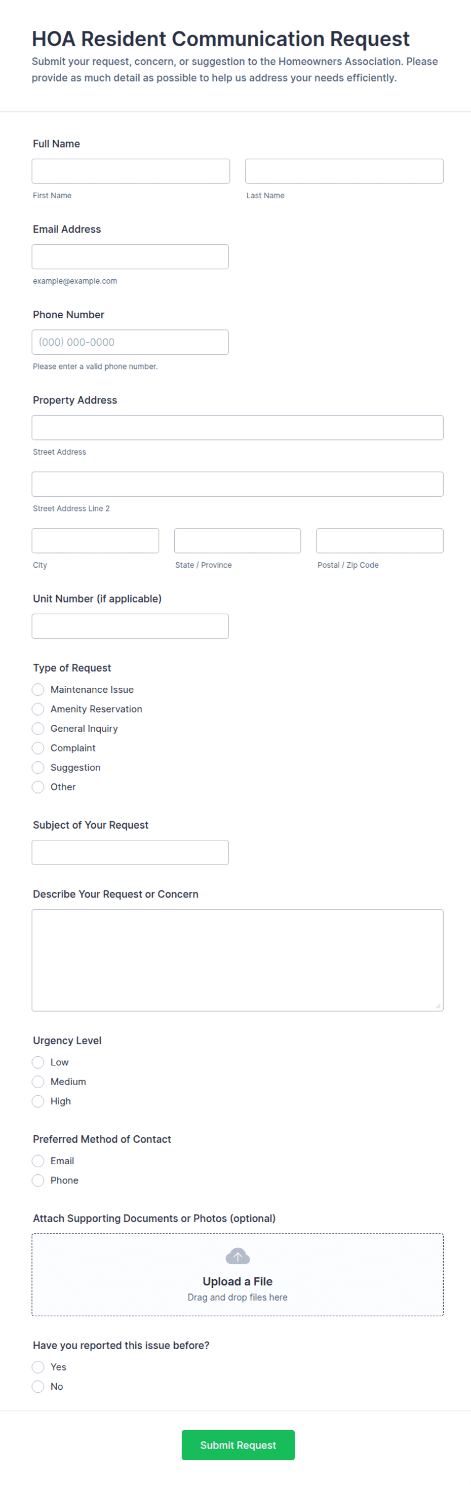 HOA Resident Communication Request Form Template | Jotform