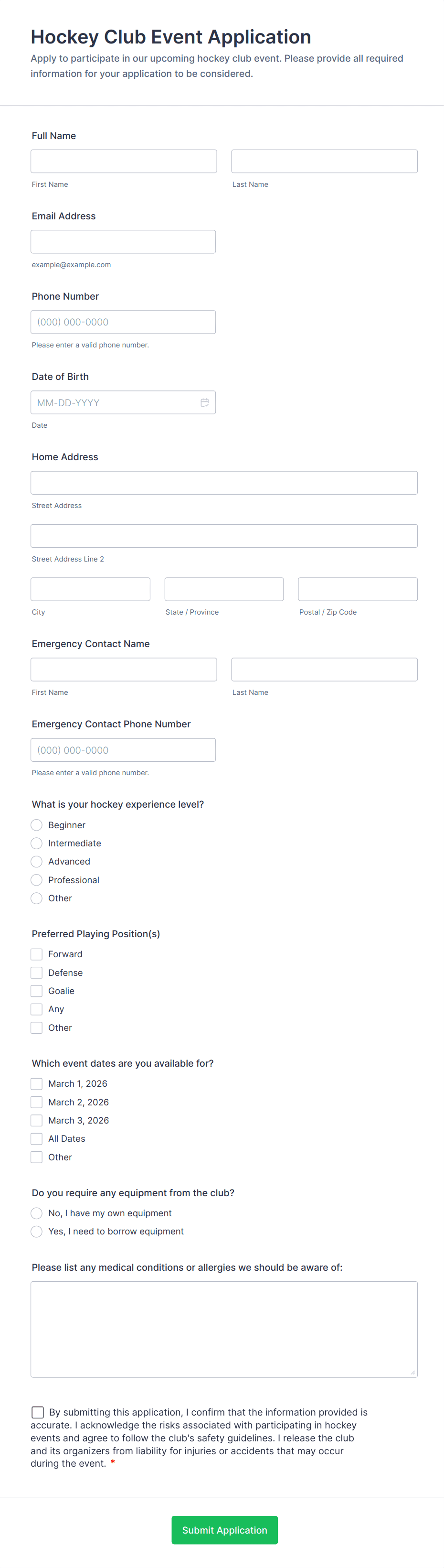 Hockey Club Event Application Form Template | Jotform