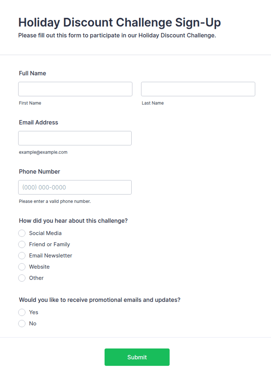 Holiday Discount Challenge Sign-Up Form Template | Jotform
