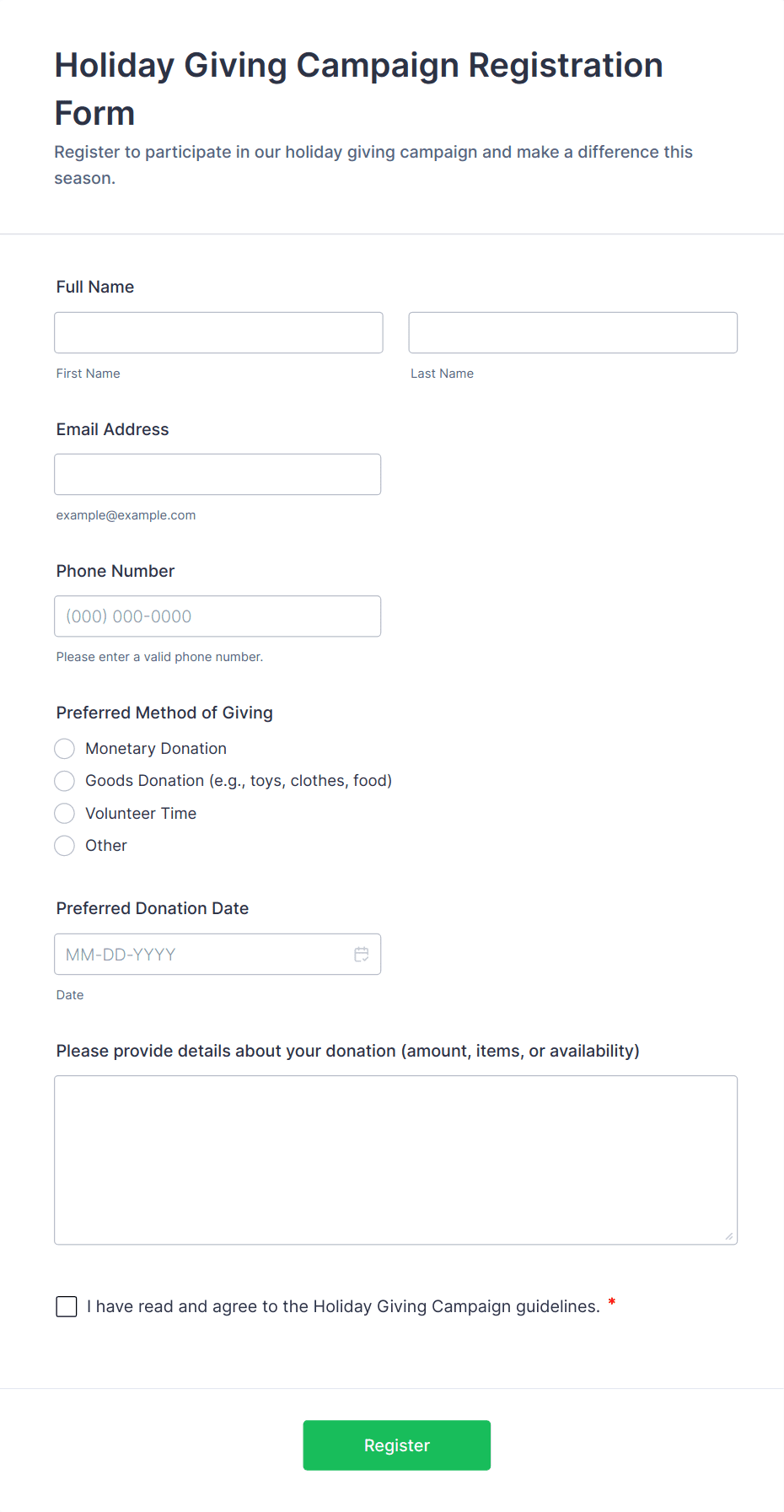 Holiday Giving Campaign Registration Form Template | Jotform
