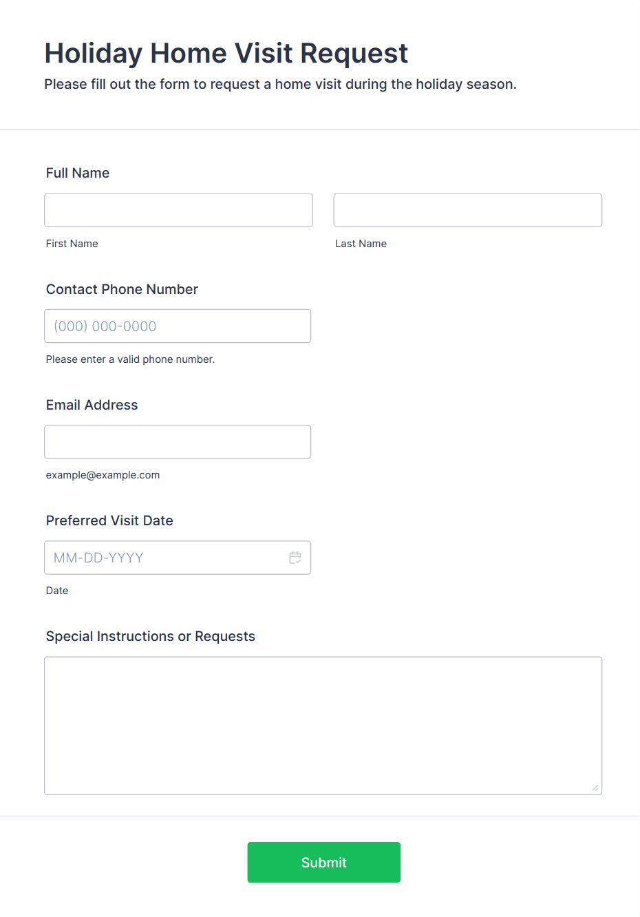 Holiday Home Visit Request Form | Jotform