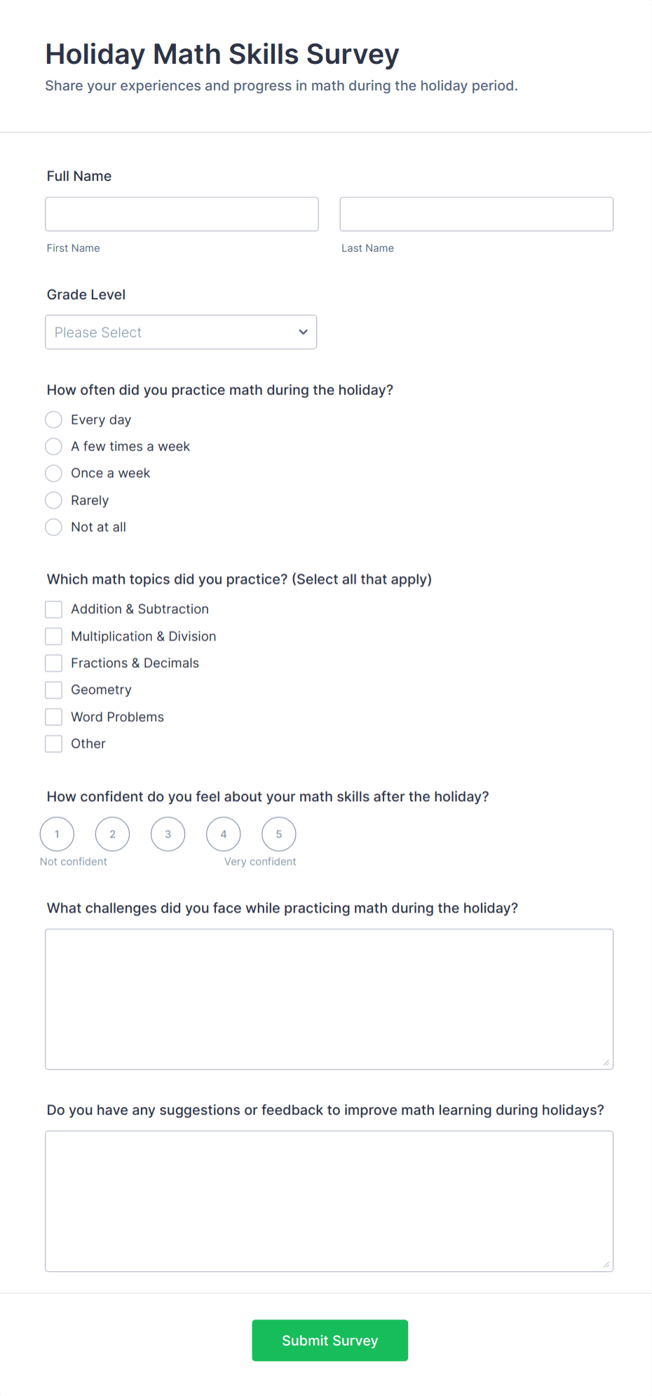 Holiday Math Skills Survey Form Template | Jotform