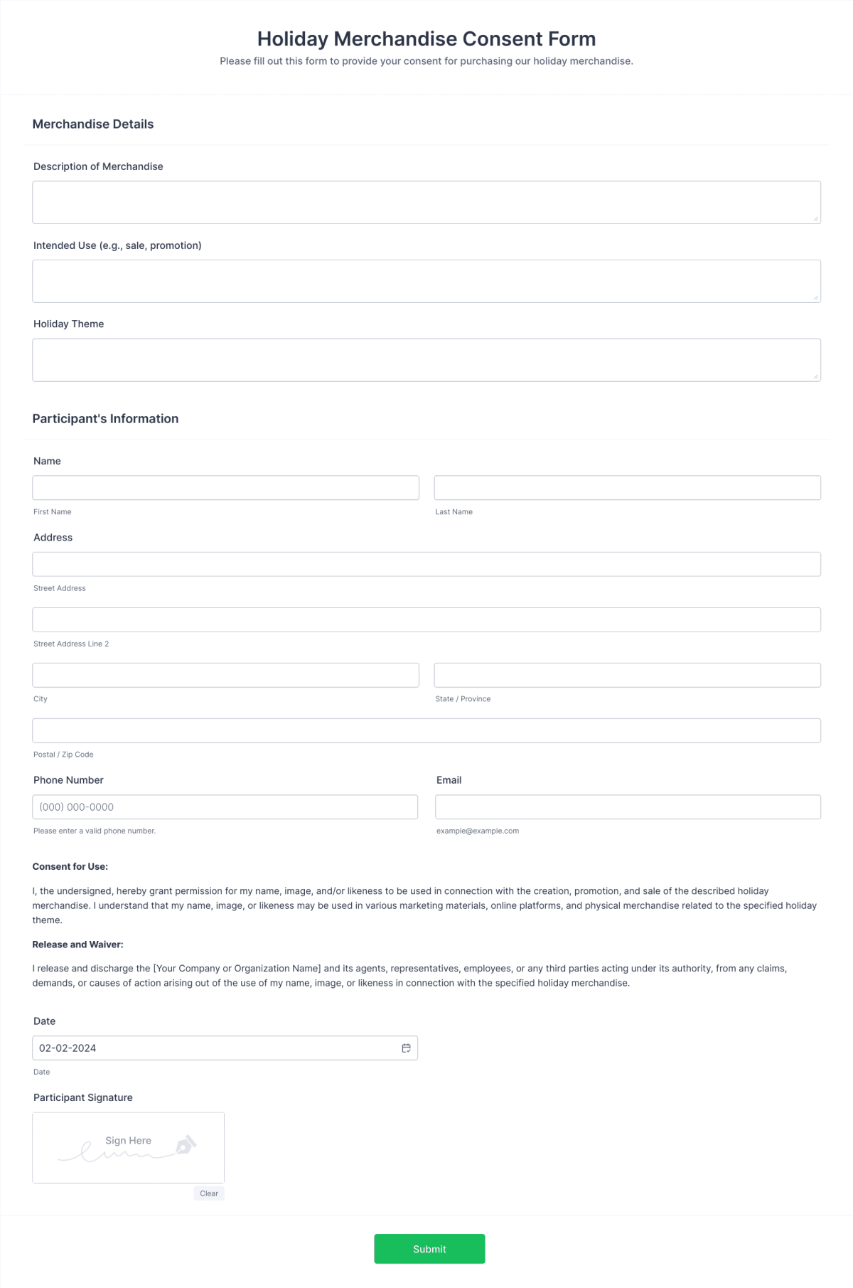 Holiday Merchandise Consent Form Template | Jotform